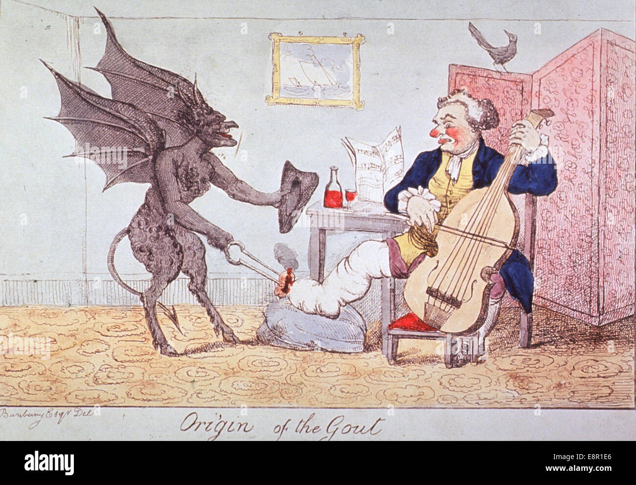An illustration or depiction of the origin of gout, possibly a medical ...