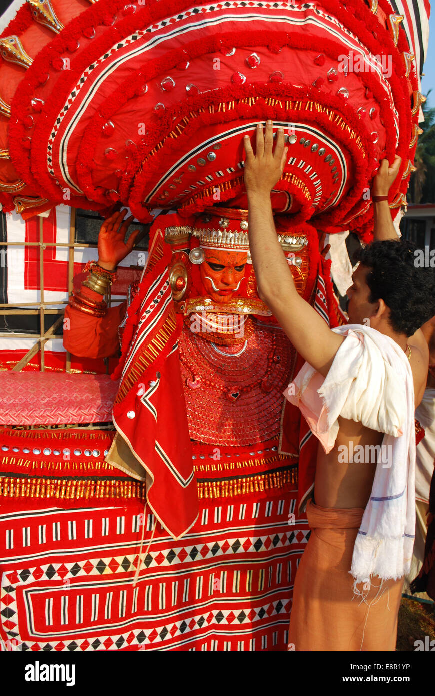 Preparations for Theyam ritual in Kerala, Indian human goddess Stock ...