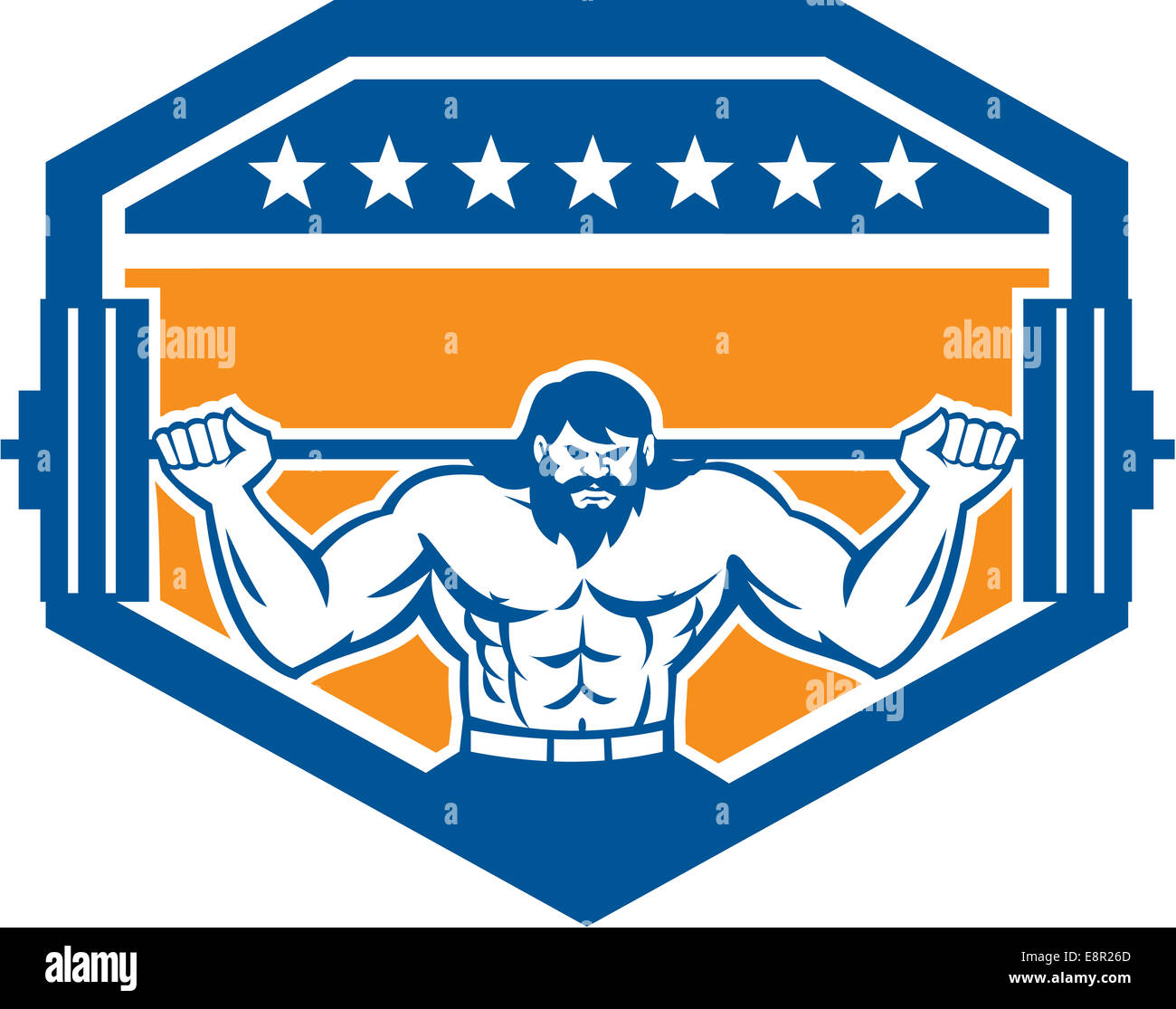 Illustration of a bodybuilder with beard lifting barbell viewed from ...