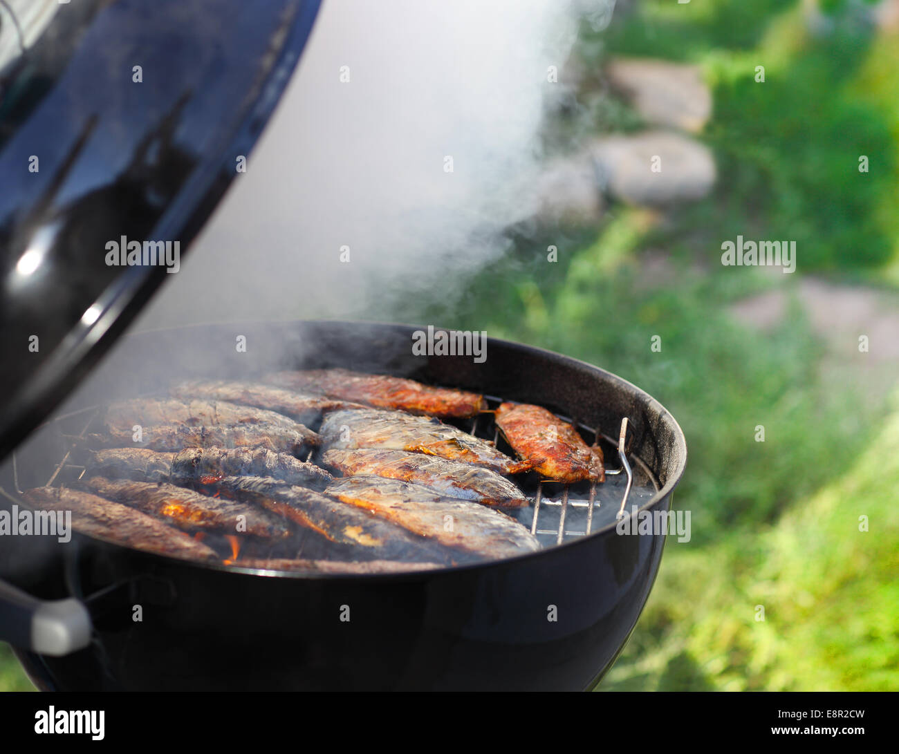 Fish fillets on the grill with flames in horizontal orientation Stock ...