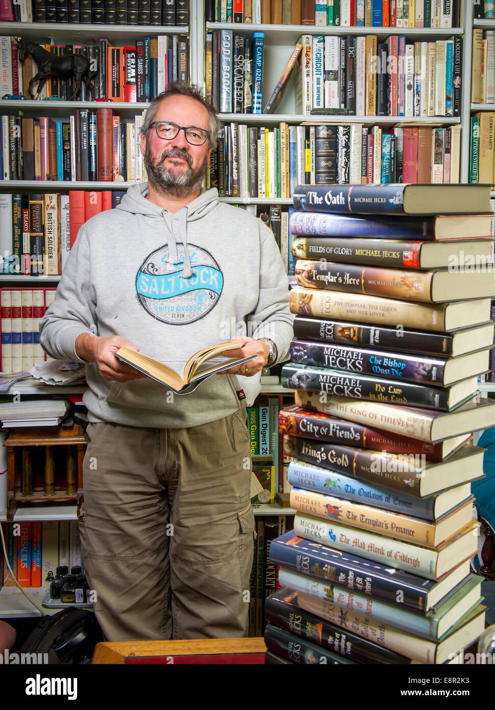 Historical crime author Michael Jecks in his study, Dartmoor, Devon UK ...