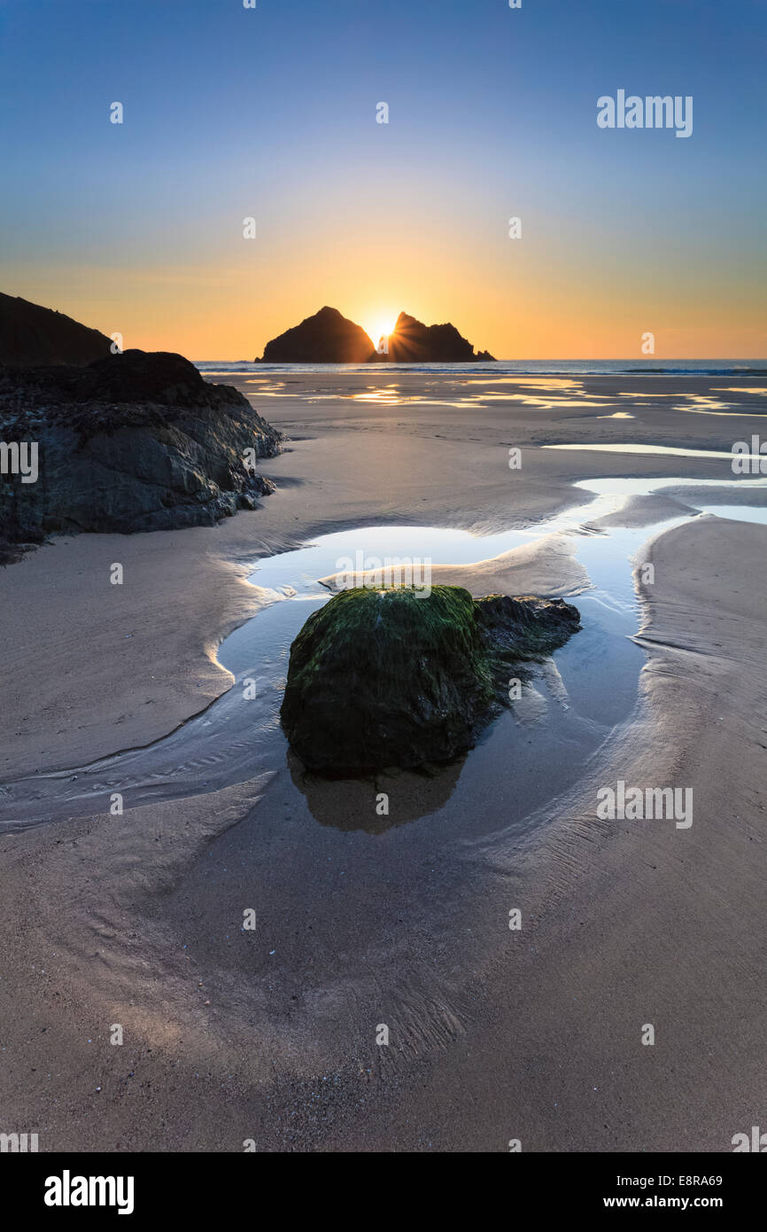 Holywell Beach captured at sunset Stock Photo - Alamy