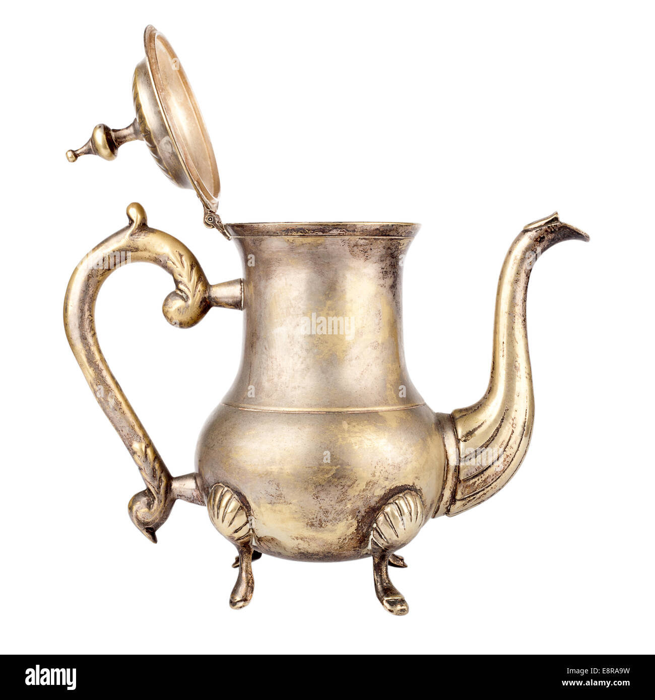 Antique silver teapot with open lid isolated on white background Stock ...