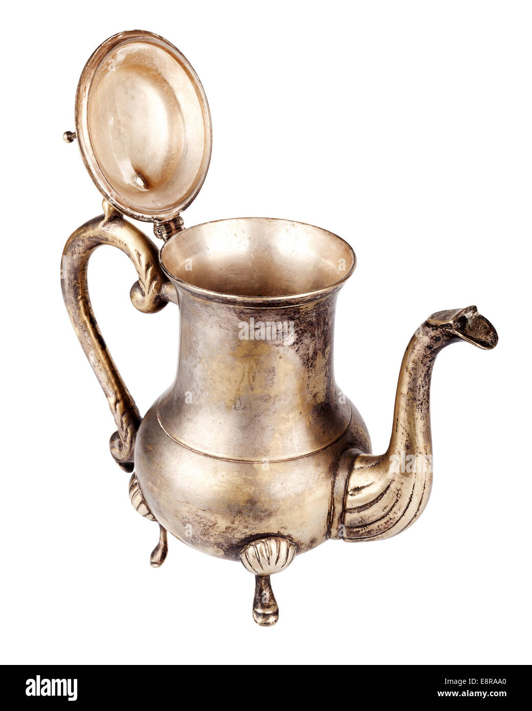 Antique silver teapot with open lid isolated on white background Stock ...
