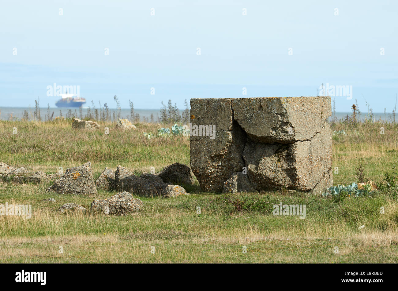 WW2 anti-tank concrete block, Landguard Point, Felixstowe, Suffolk, UK ...