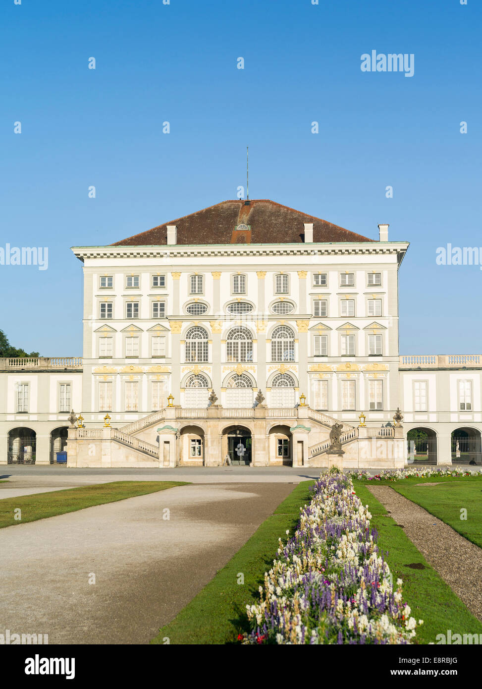 Nymphenburg Palace and Park in Munich. Eastern facade during morning ...