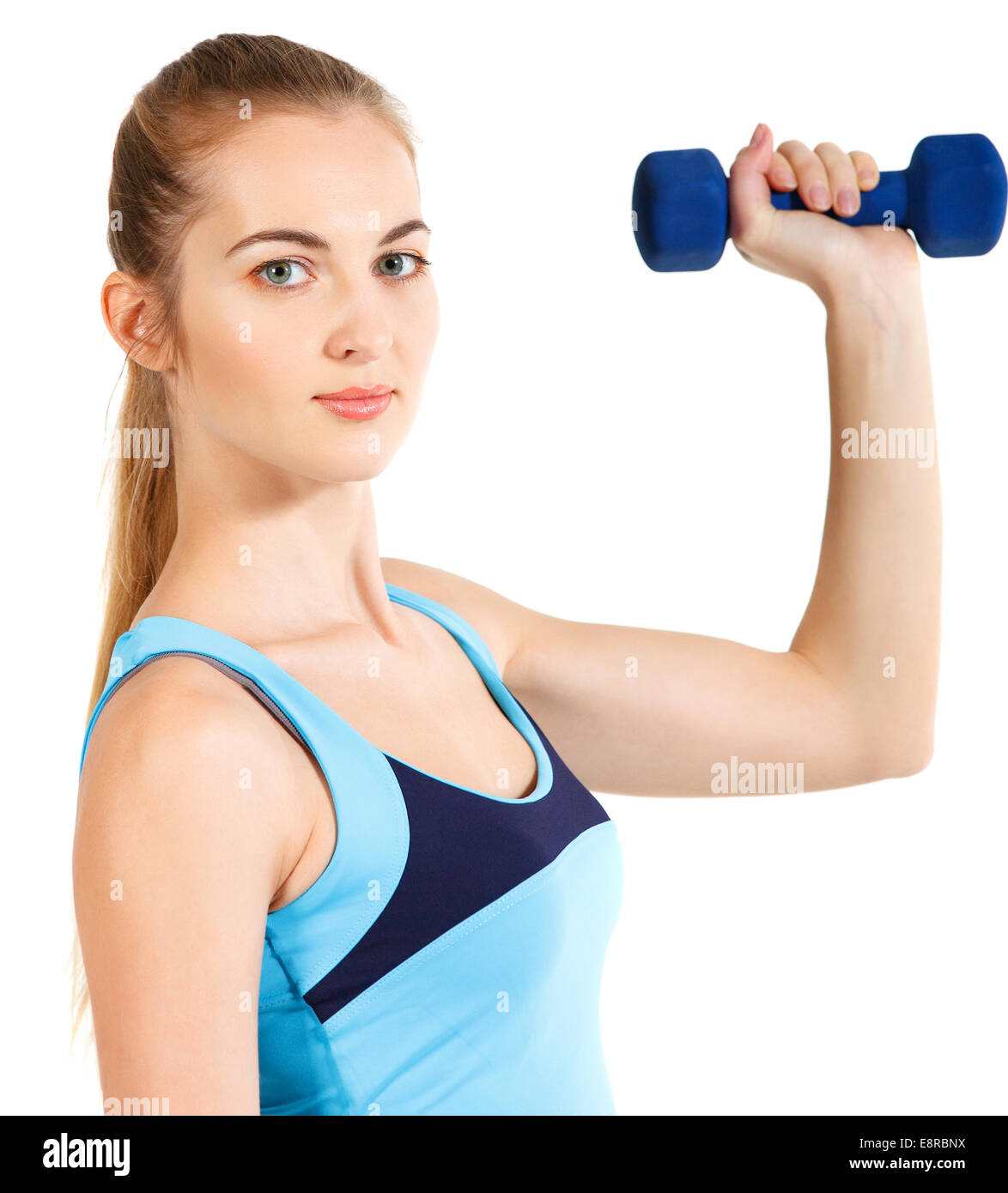 Sporty woman with blue barbells on white background Stock Photo - Alamy