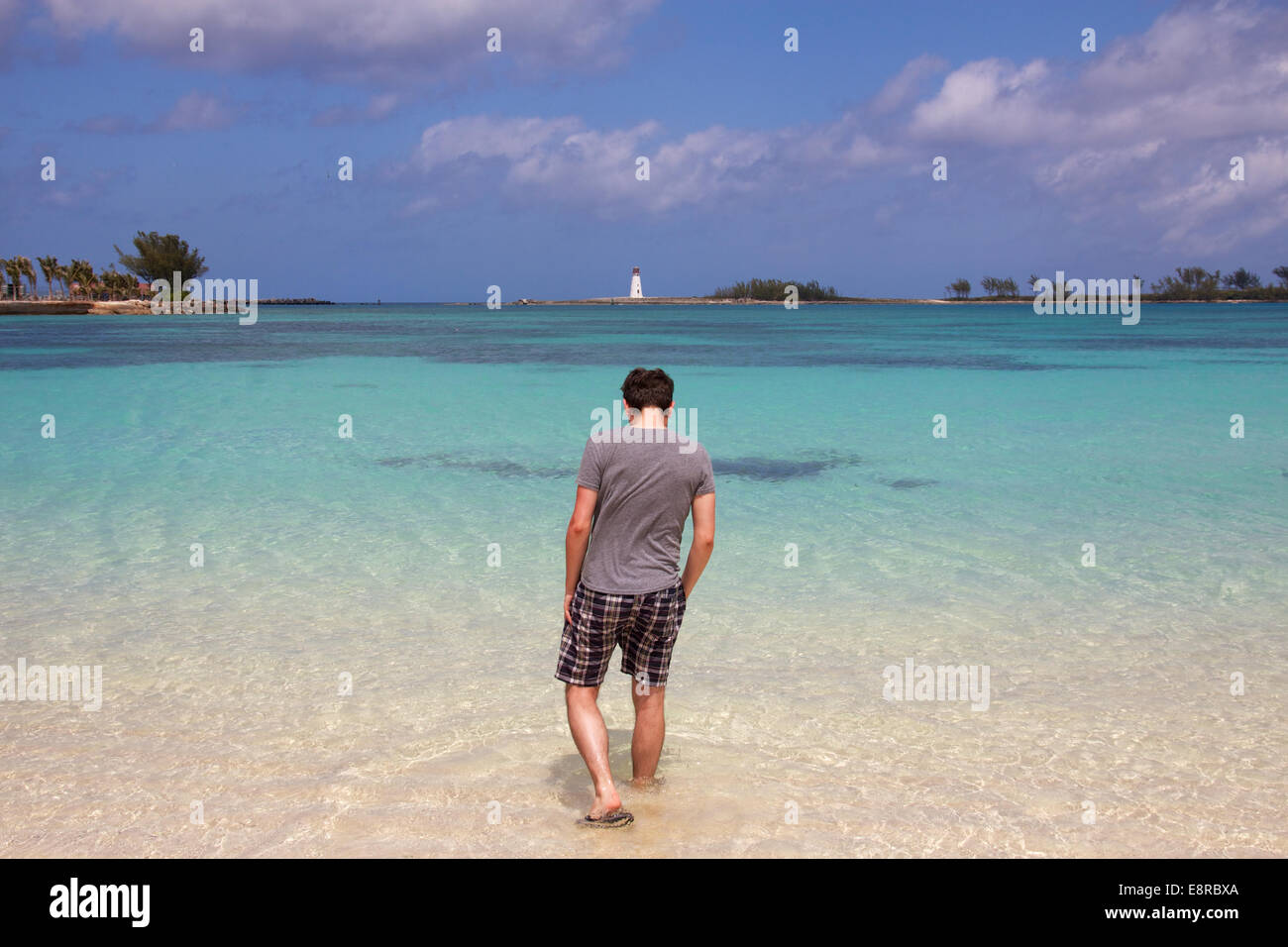 Back of grey hair man walking into the ocean hi-res stock photography ...