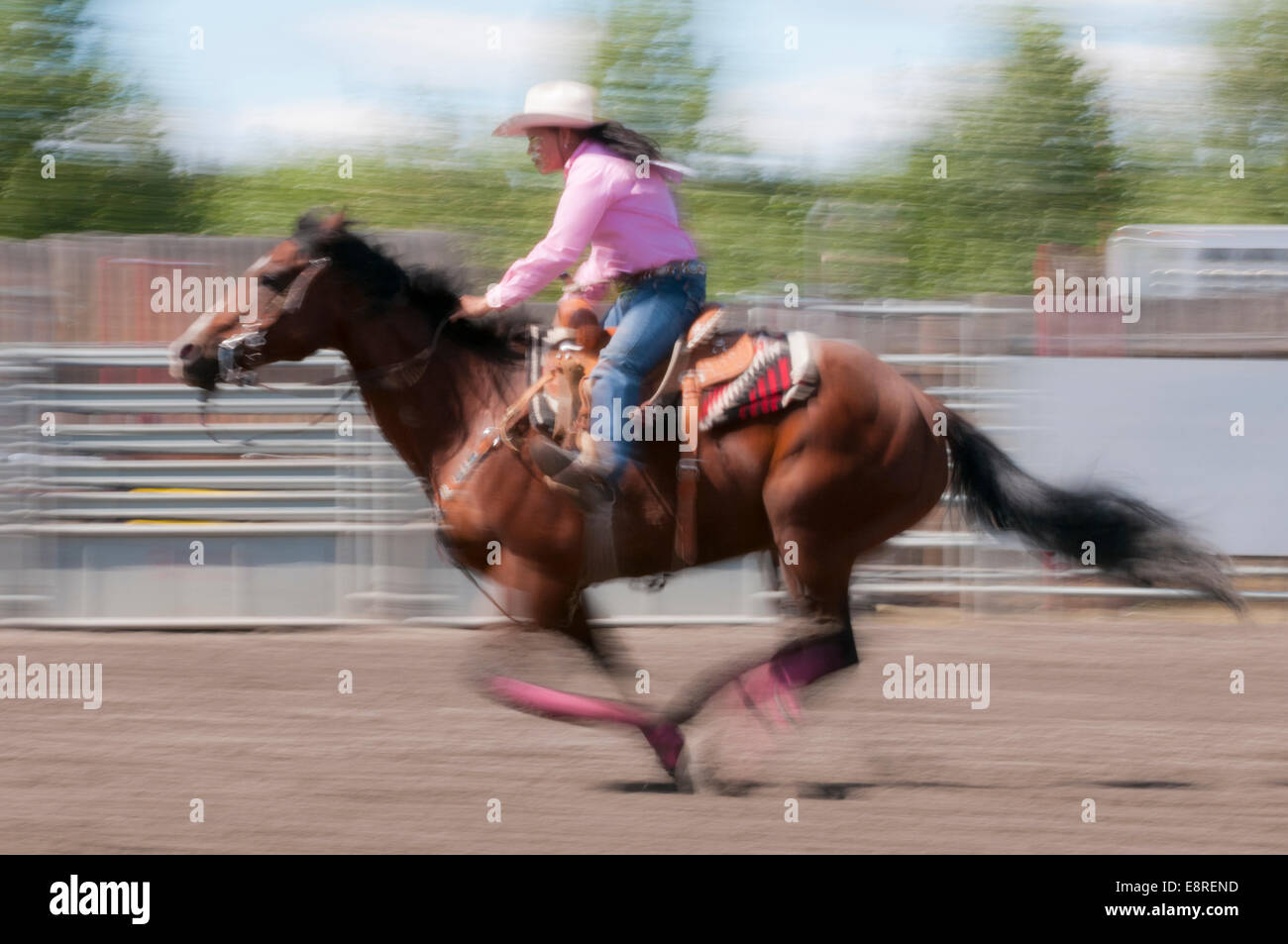 First Nations (native) woman, motion blur, barrel racing, T'suu Tina ...