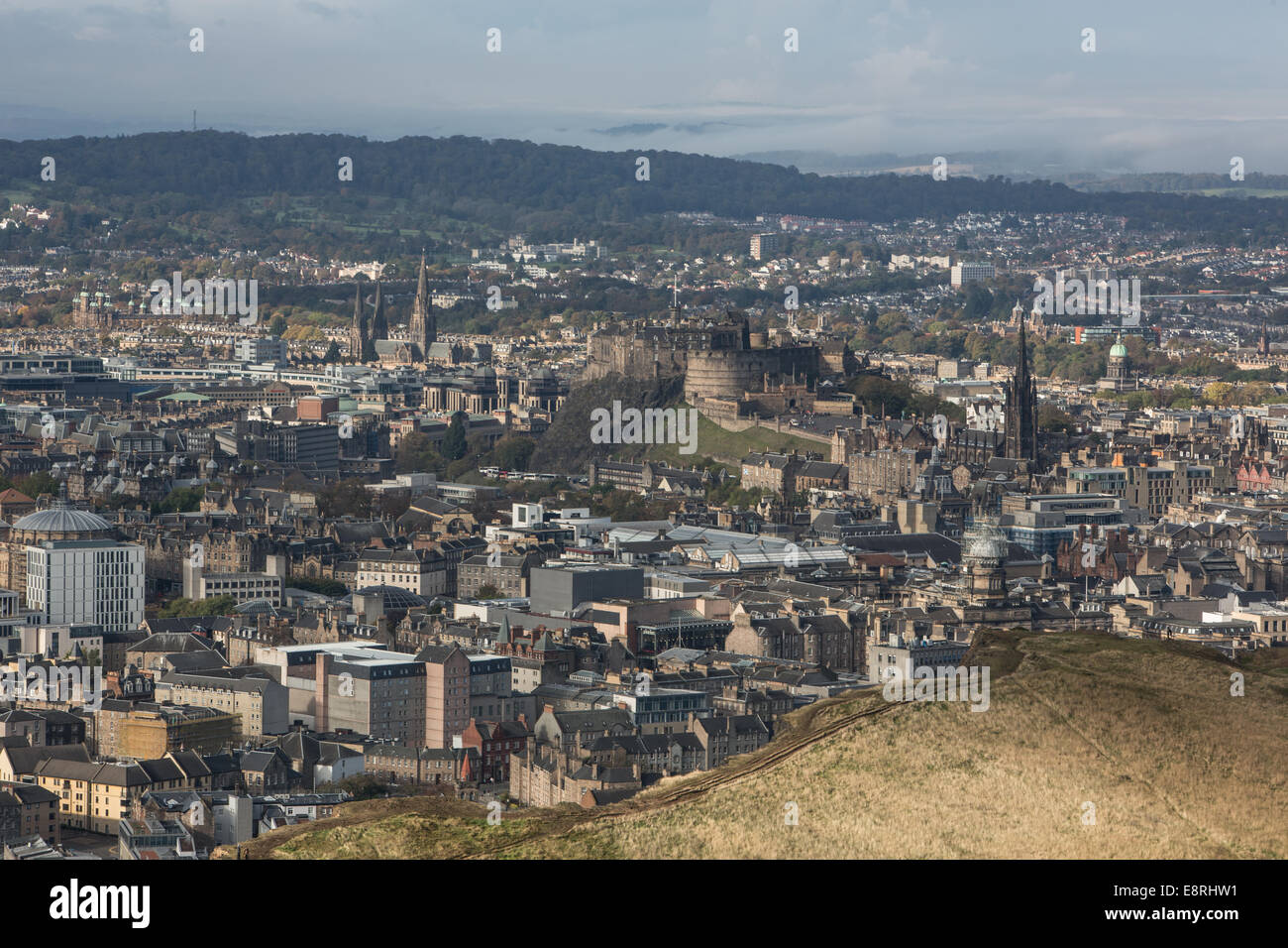 Aerial views of Edinburgh city, seen from the top of Arthur's Seat, in ...