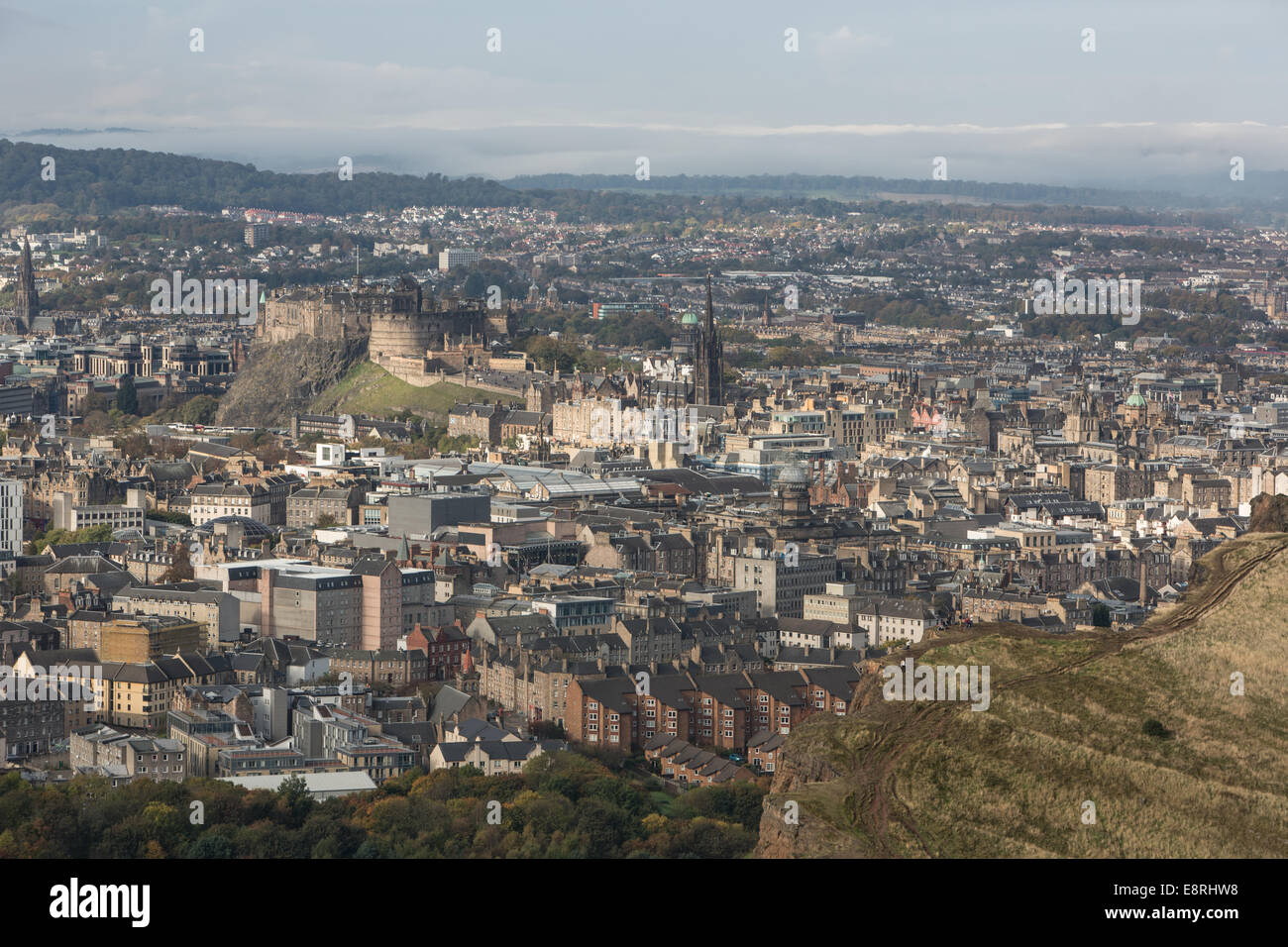 Aerial views of Edinburgh city, seen from the top of Arthur's Seat, in ...