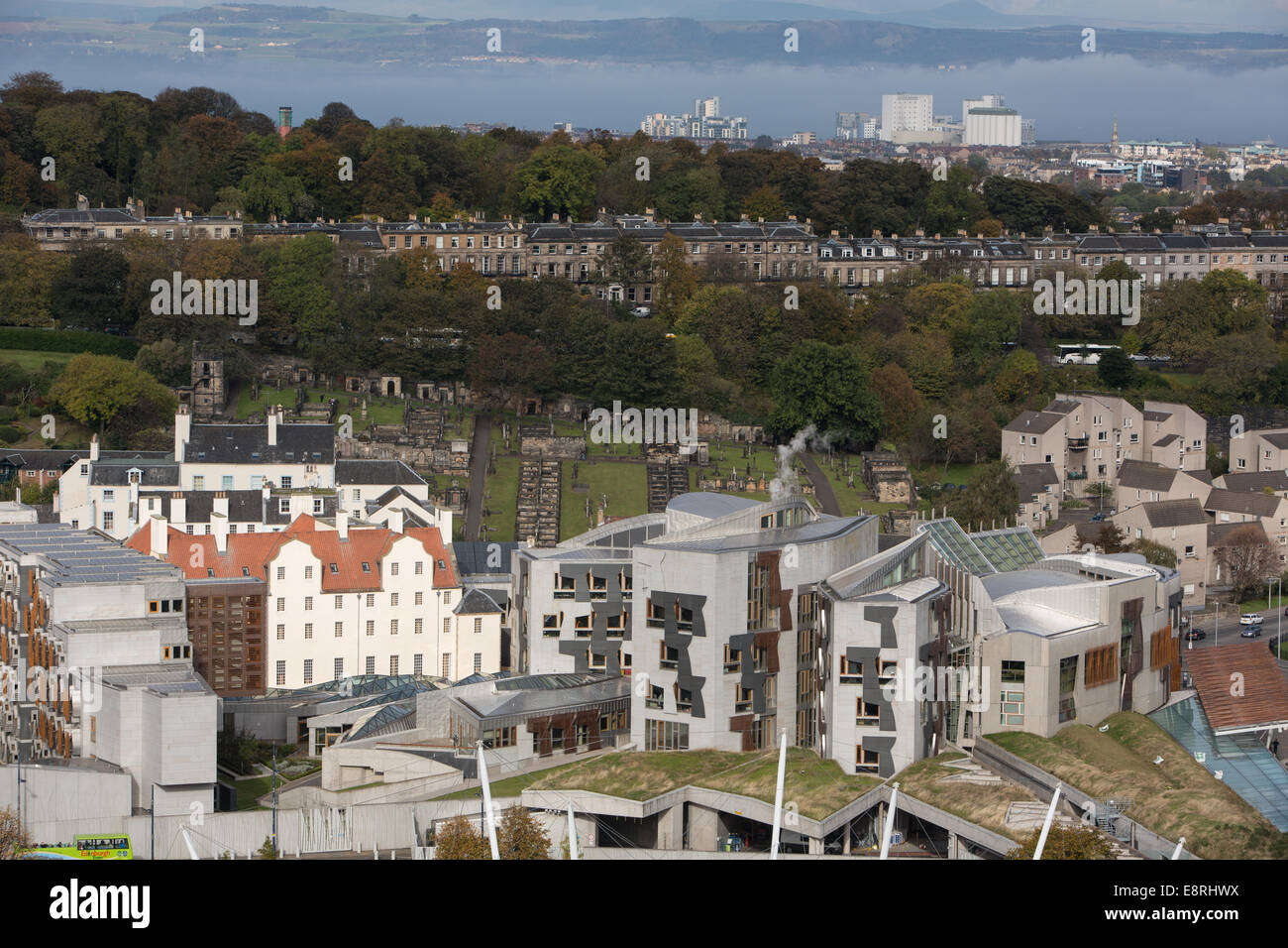 Aerial views of Edinburgh city, seen from the top of Arthur's Seat, in ...