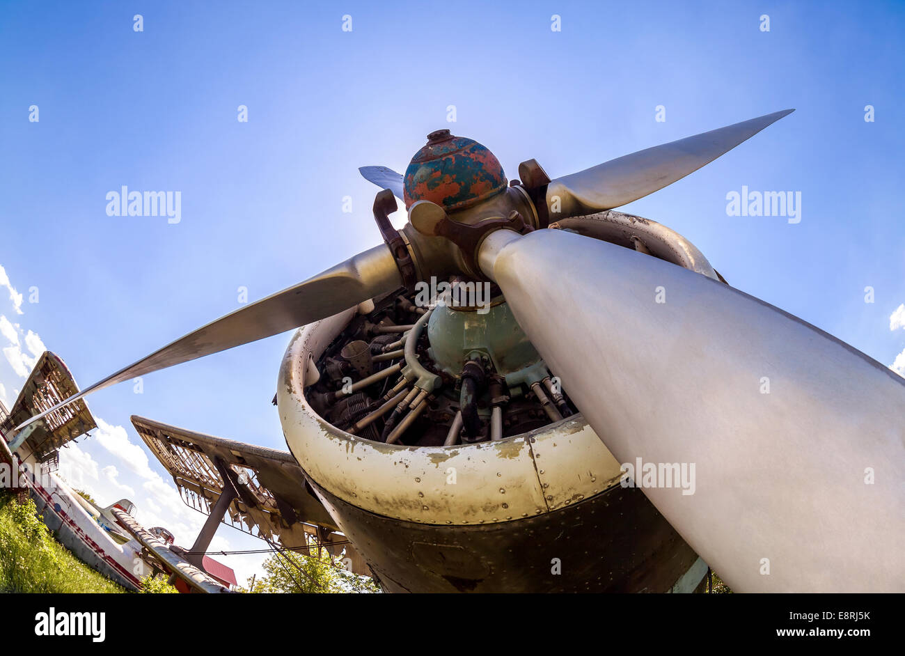 Engine and propeller of vintage aircraft against blue sky Stock Photo ...
