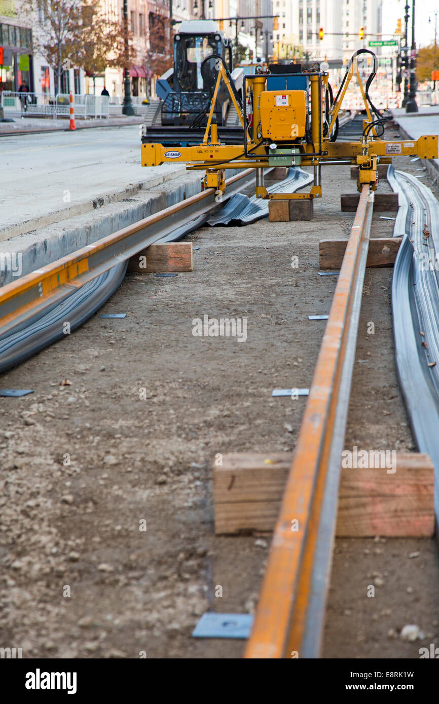 Detroit, Michigan - The first rails are laid down the M1 Rail transit ...