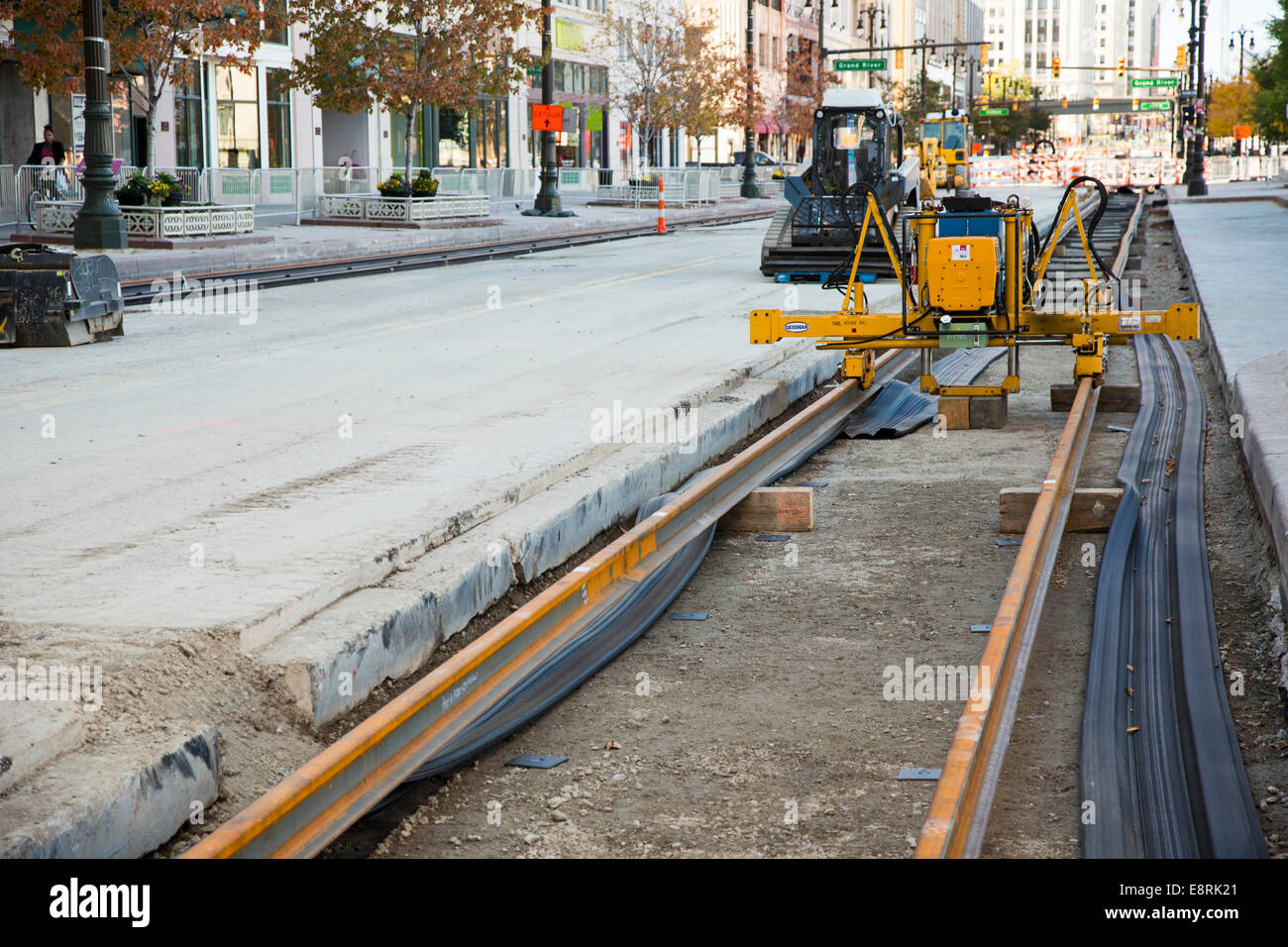 Detroit, Michigan - The first rails are laid down the M1 Rail transit ...