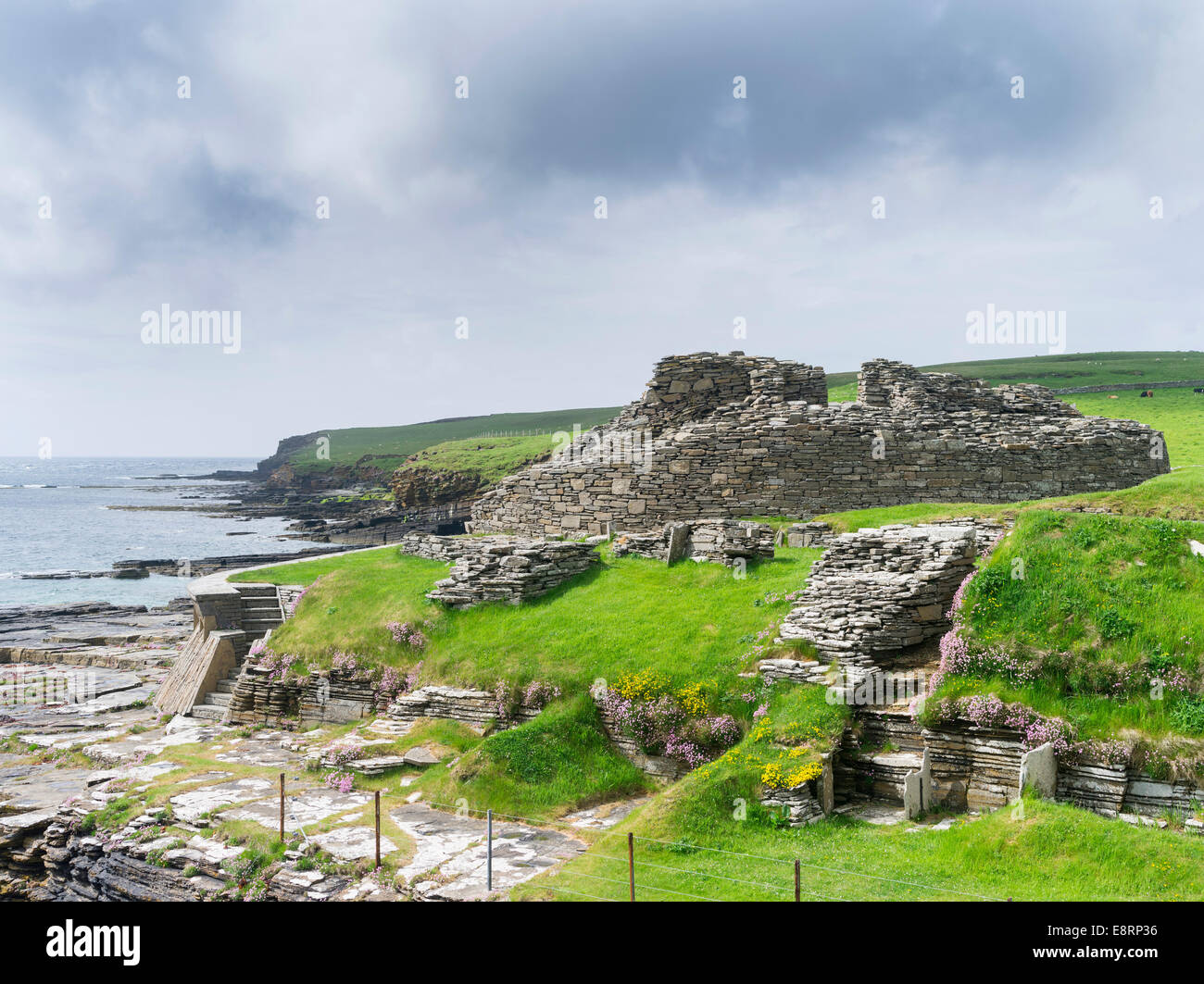 Midhowe Broch, iron age broch village adjacent to Midhowe Chambered ...