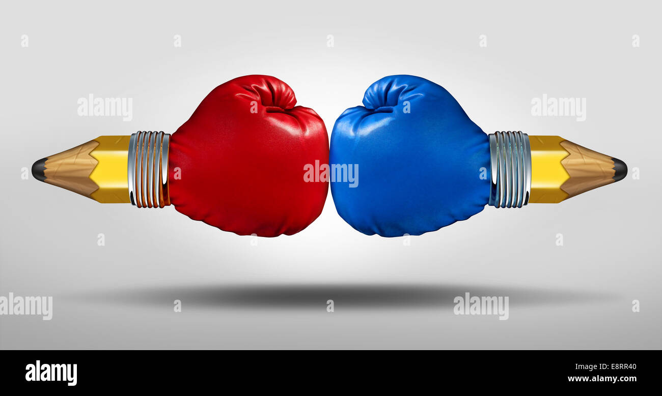 Education battle concept as two pencils with boxing gloves fighting for ...