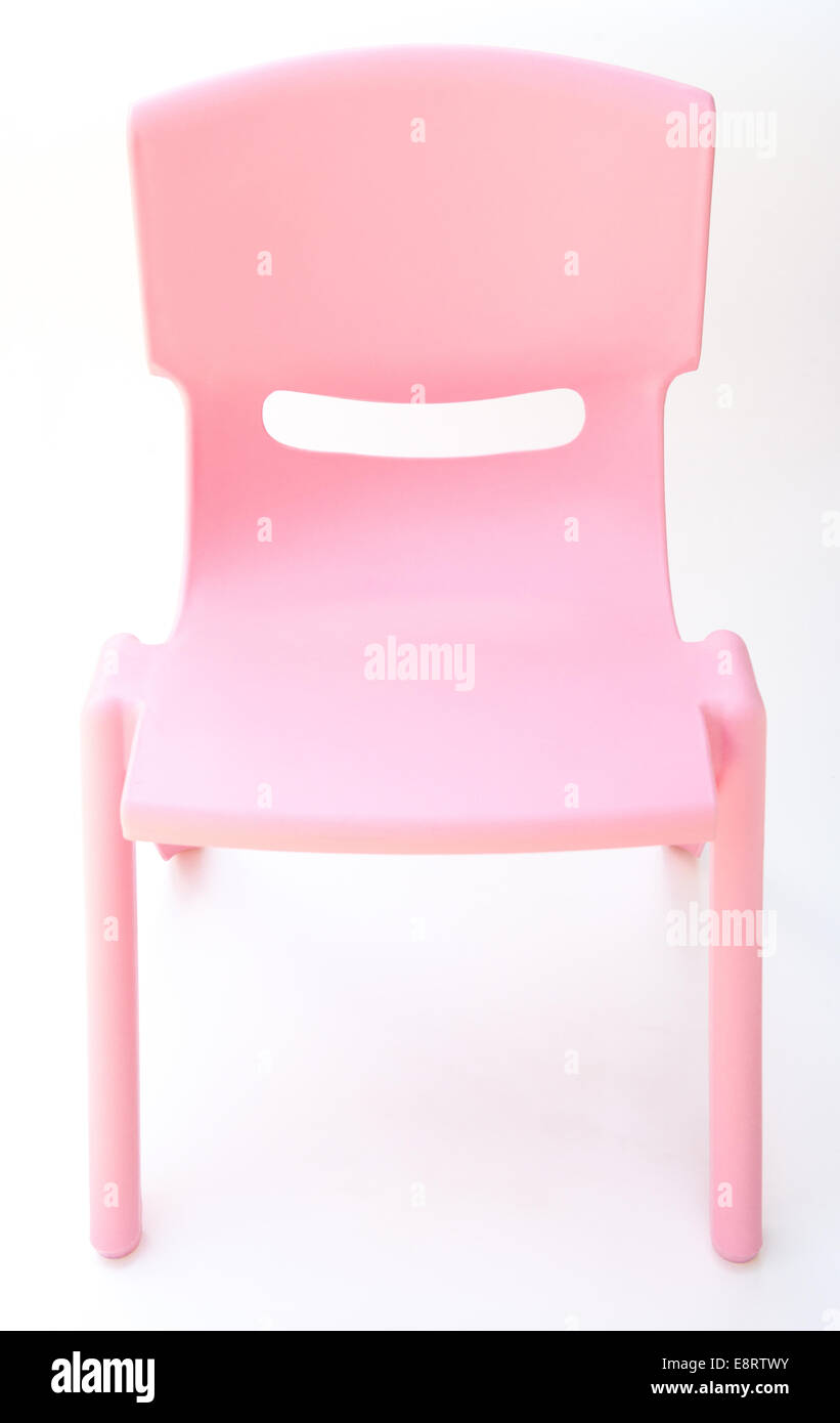 pink plastic chair for children on white, front view Stock Photo - Alamy