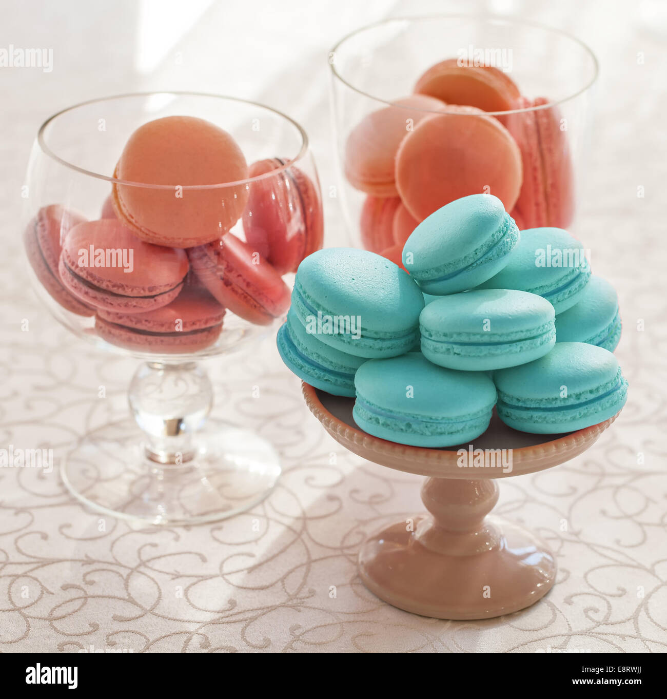 Delicious sweet buffet with colorful glass bowl of macarons Stock Photo ...