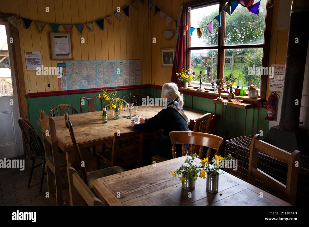 UK, England, Devon, East Yarde, visitor inside Orchard Café and ...