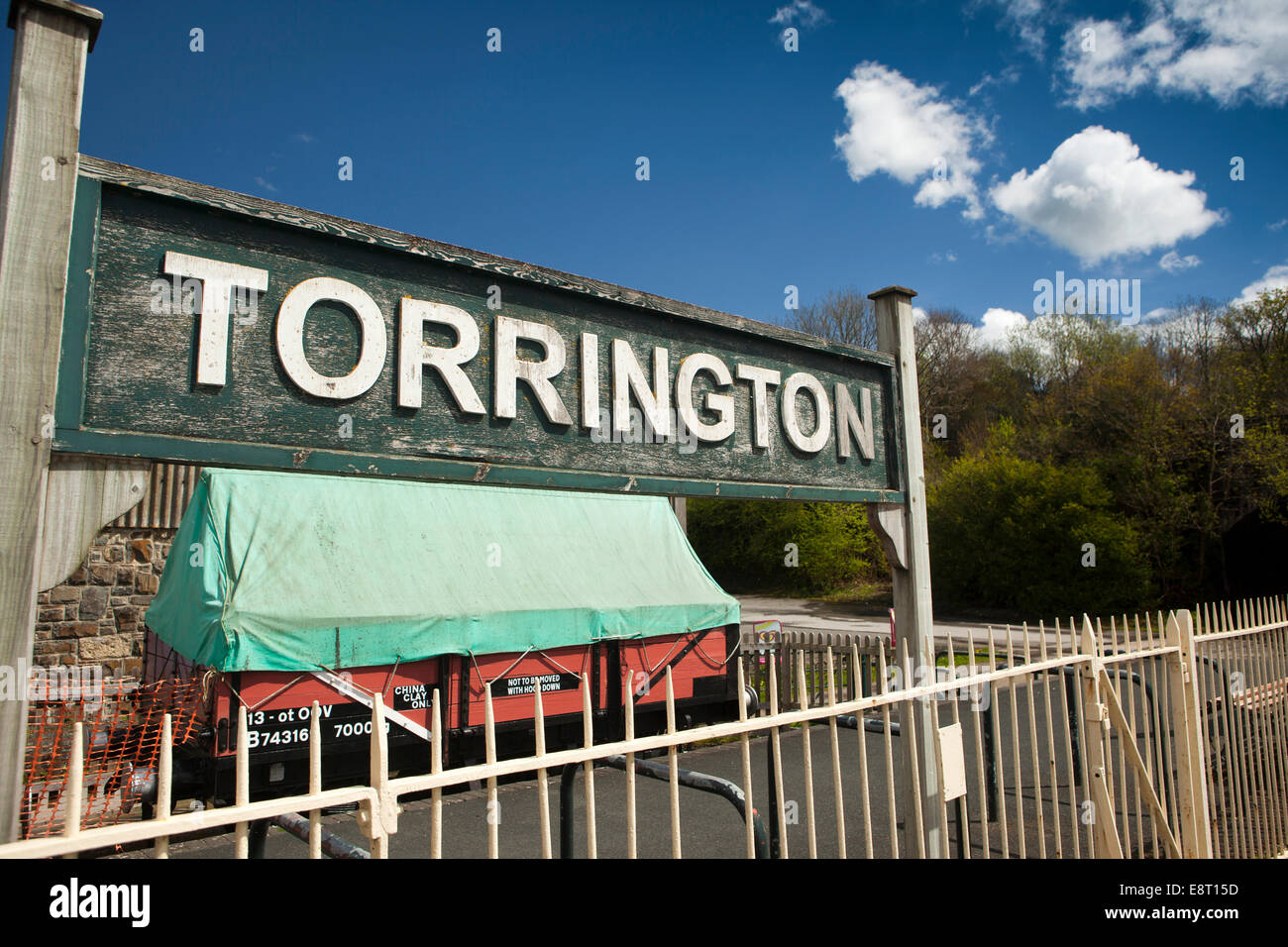 UK, England, Devon, Great Torrington, sign on former railway station ...