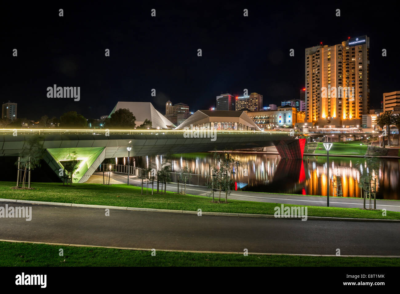 A night view of the new Riverbank foot bridge spans the picturesque ...