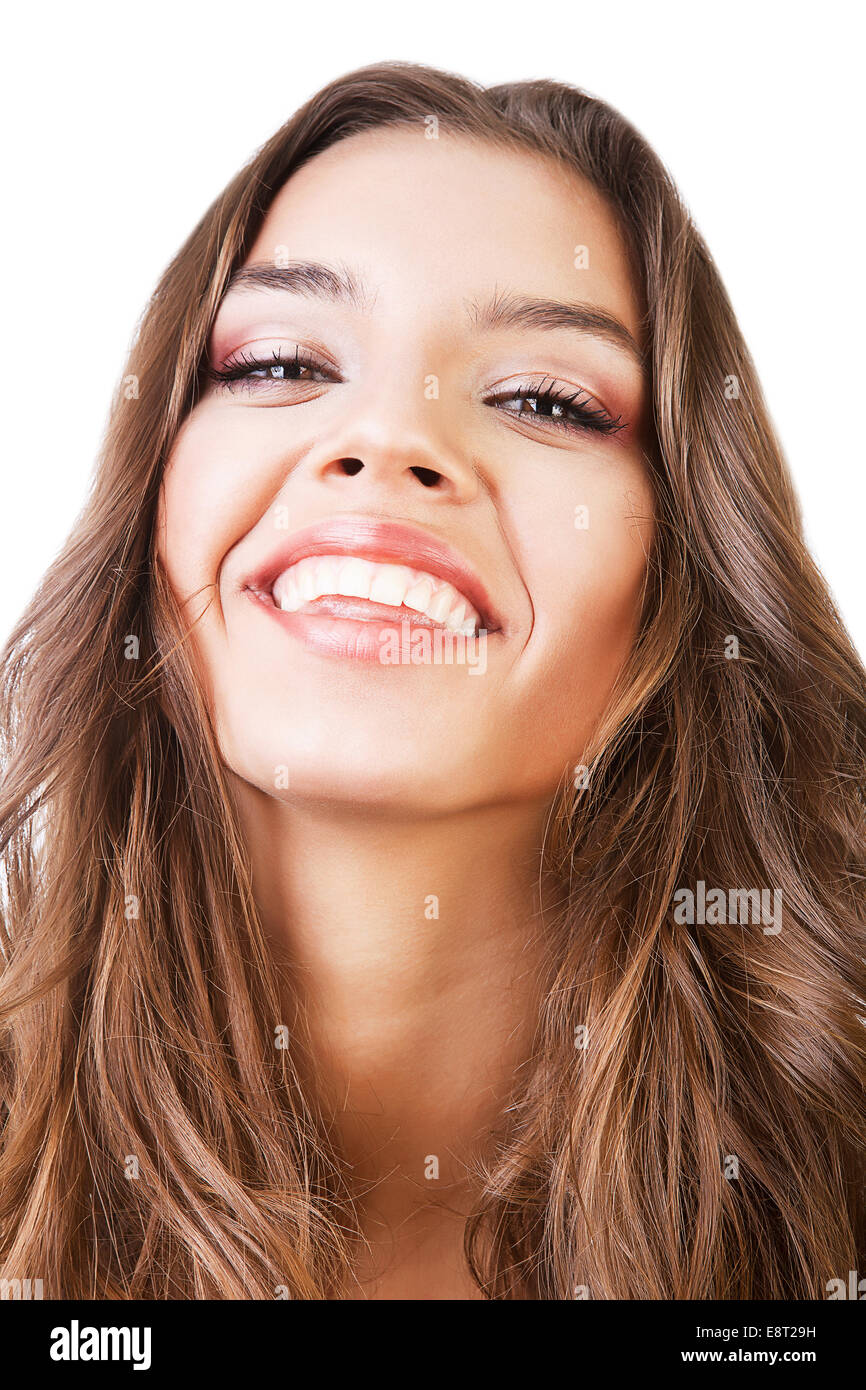 close-up portrait of funny happy smiling girl on white background Stock ...