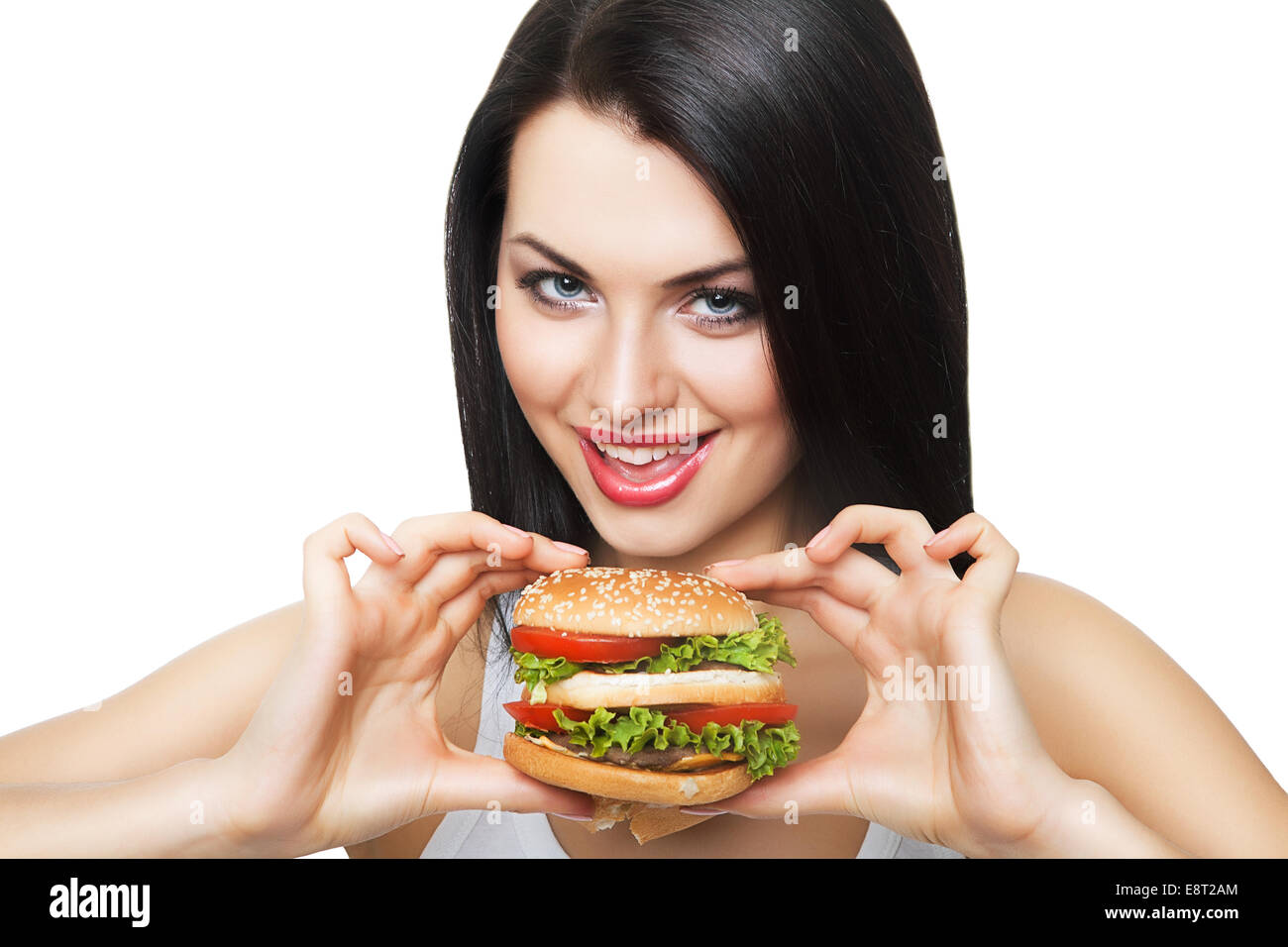 cute girl and hamburger on white background Stock Photo - Alamy
