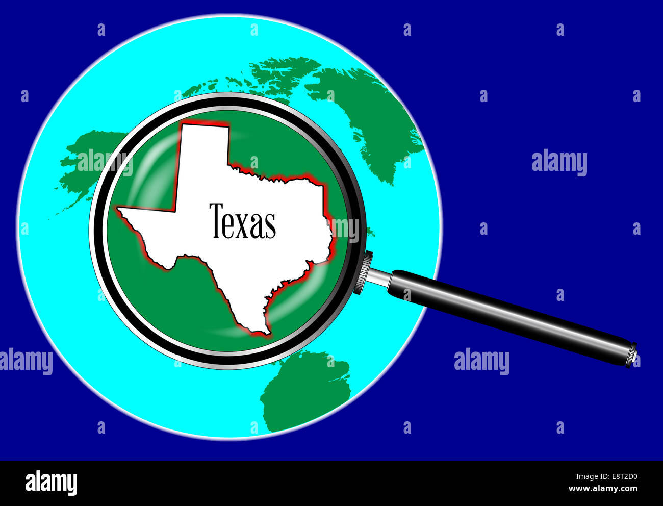 A magnifying glass over a globe and enlarging Texas Stock Photo - Alamy