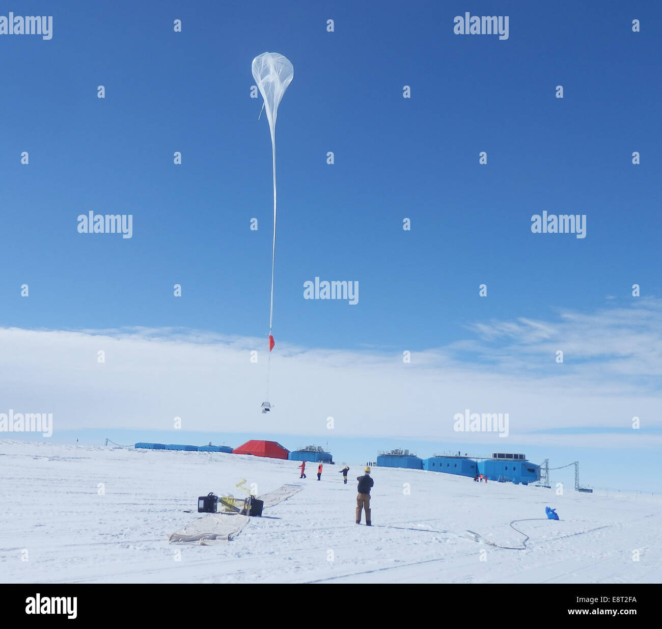 A balloon lifts off from the Halley VI Research Station in Antarctica ...