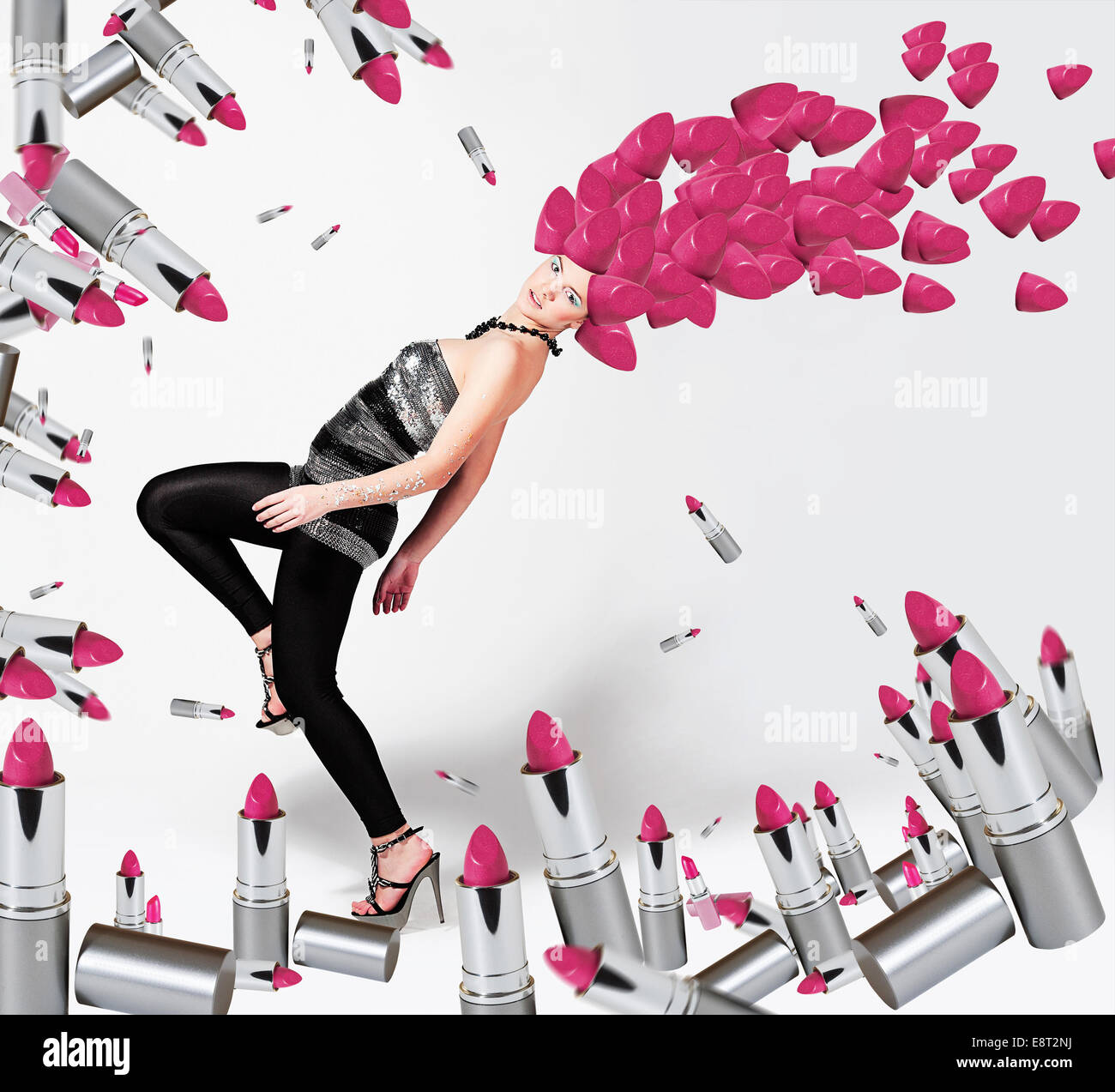 girl with pink lipsticks on the head Stock Photo - Alamy