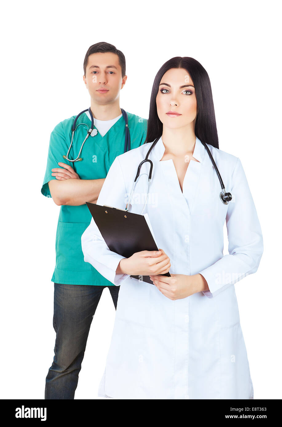 professional doctors in uniforms with stethoscopes on white background ...