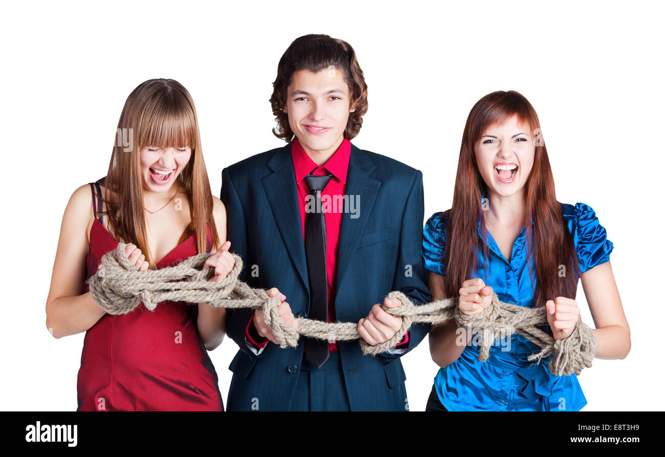 to tie businessman hands and his workers with a rope; workteam with ...