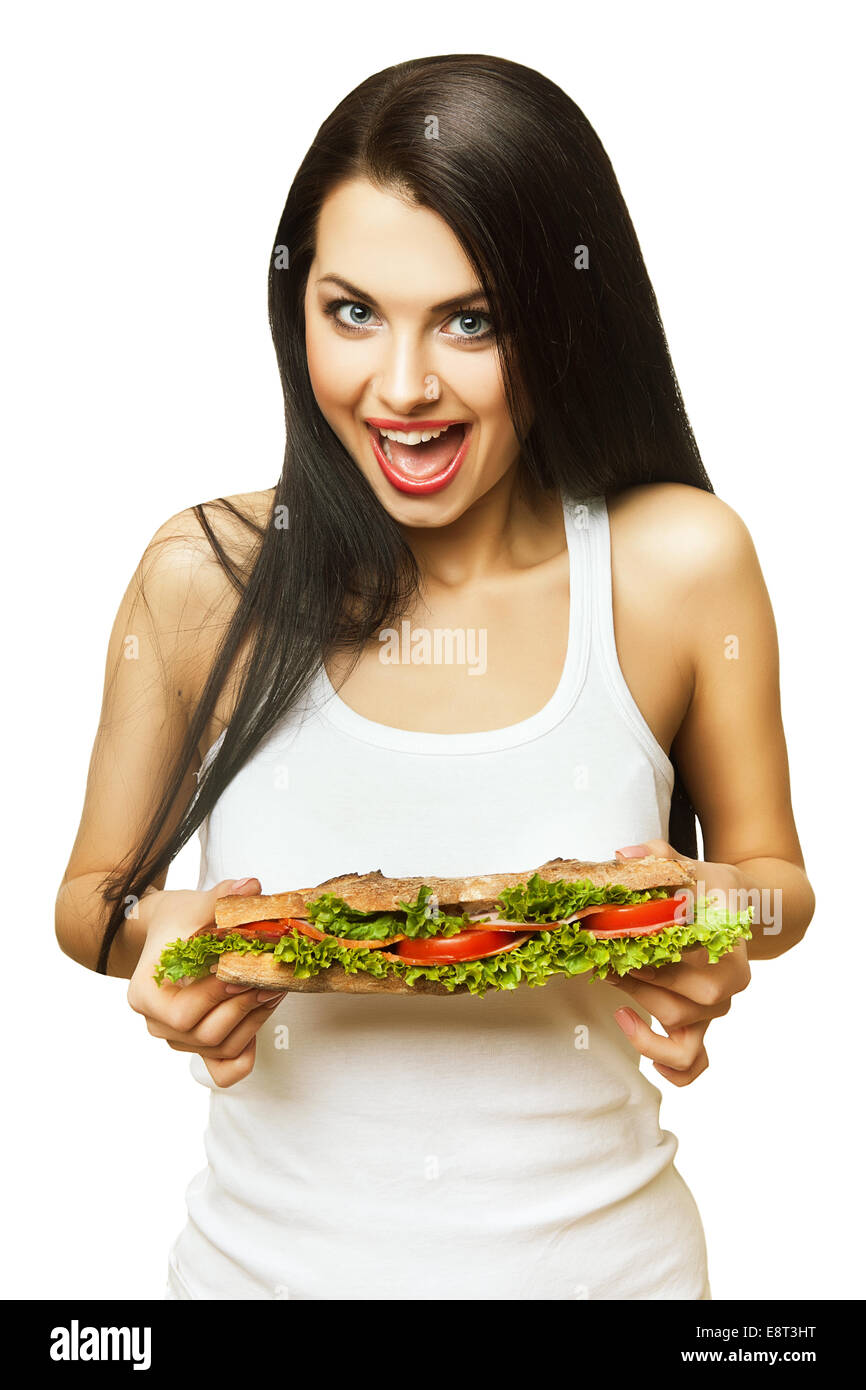 very happy girl and sandwich on white background Stock Photo - Alamy