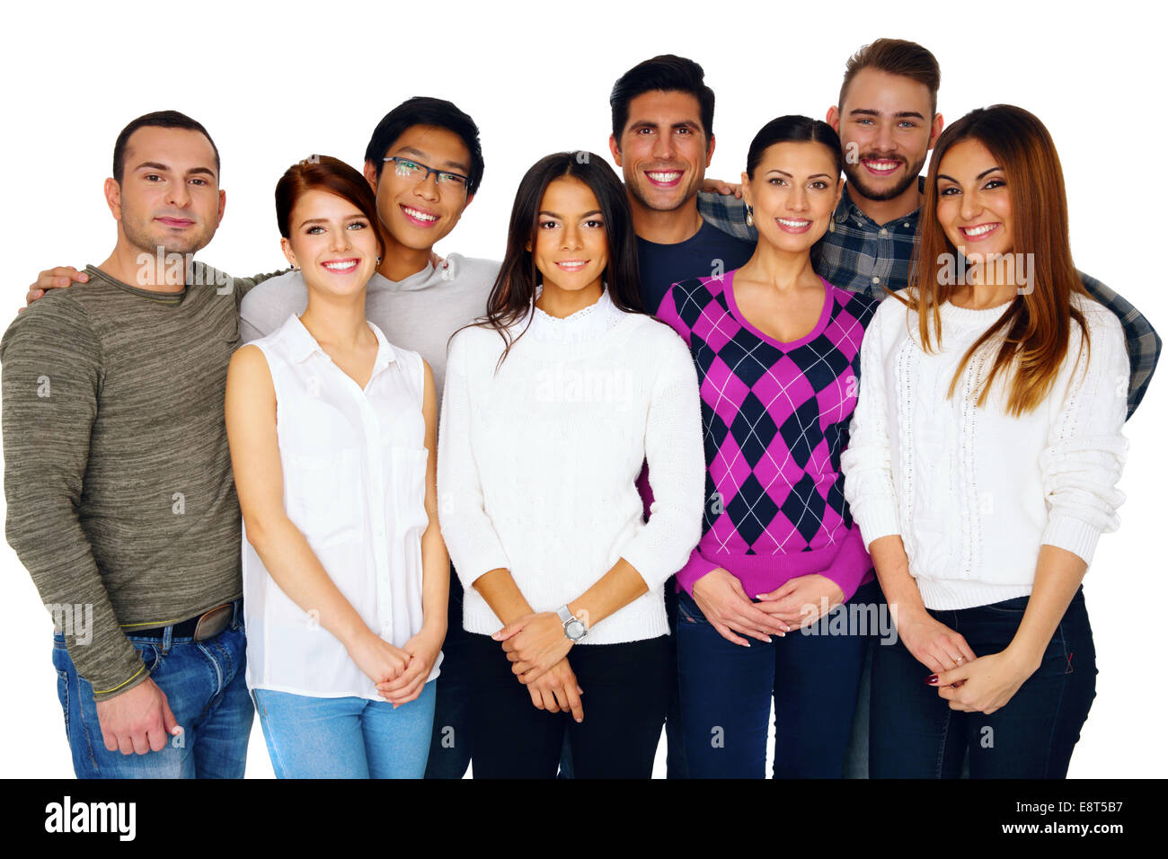 Cheerful group of friends over white background Stock Photo - Alamy