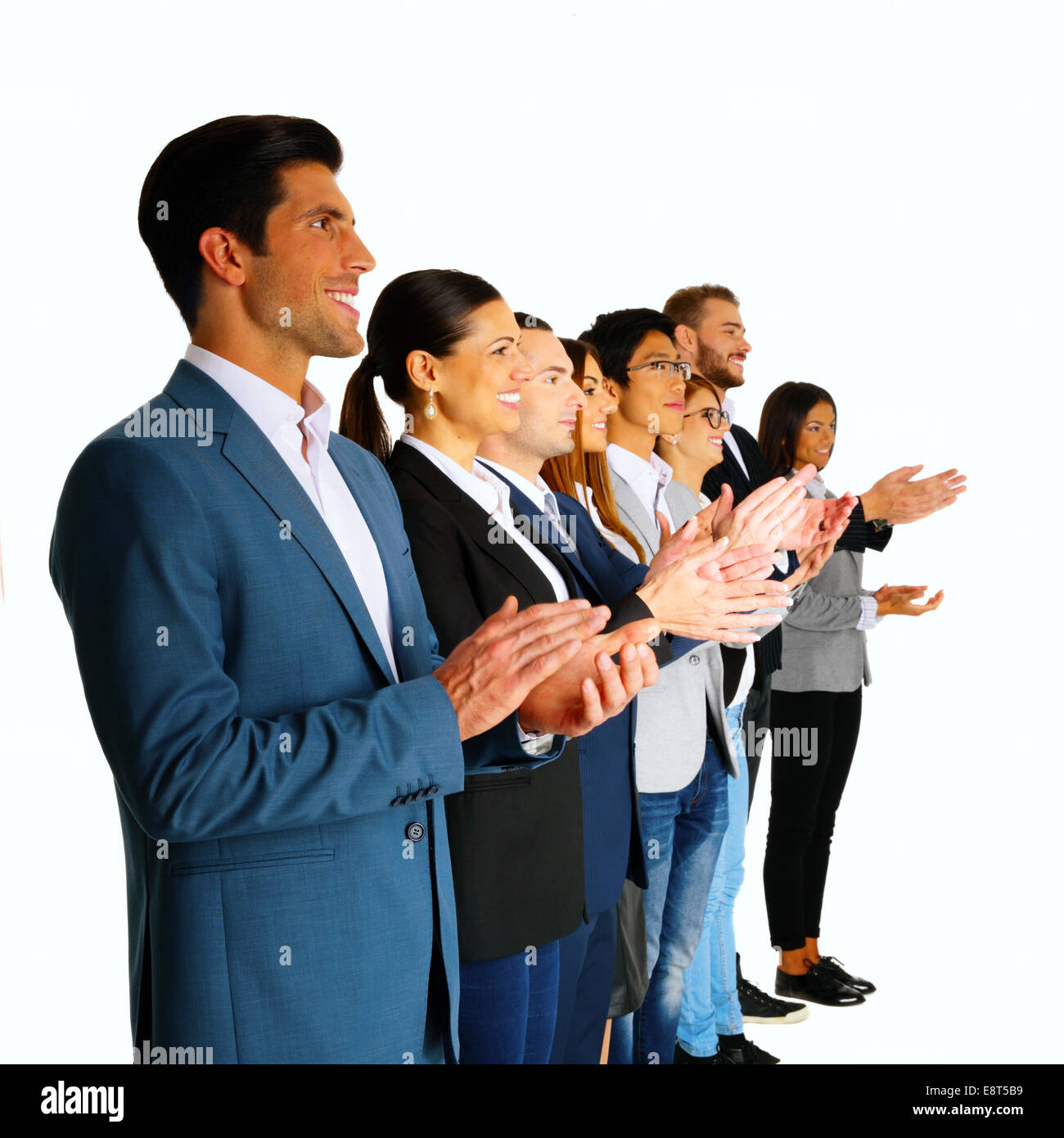 Happy woman clapping applauding team hi-res stock photography and ...