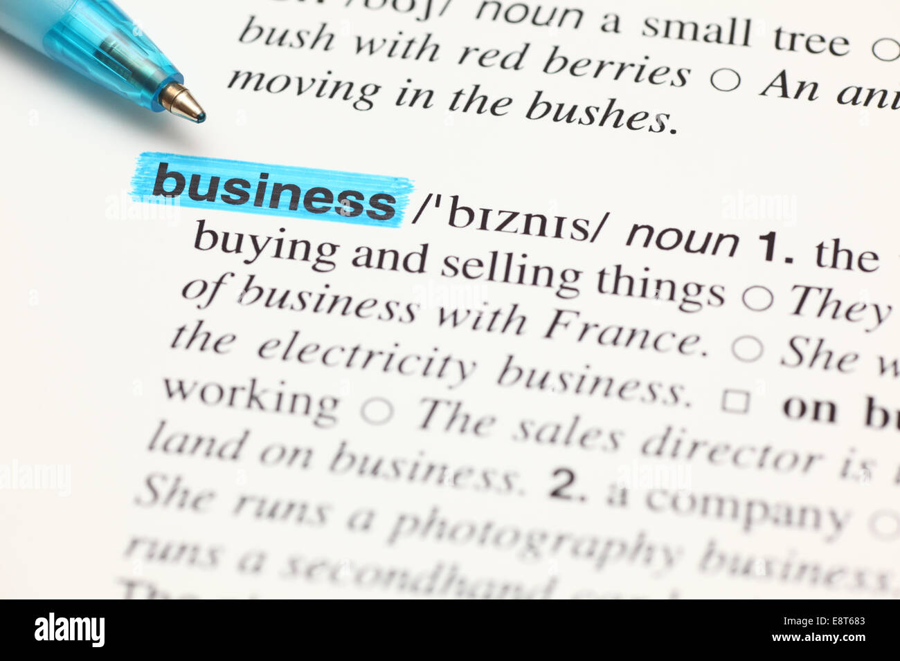 The word business highlighted in blue on a dictionary and ballpoint pen ...