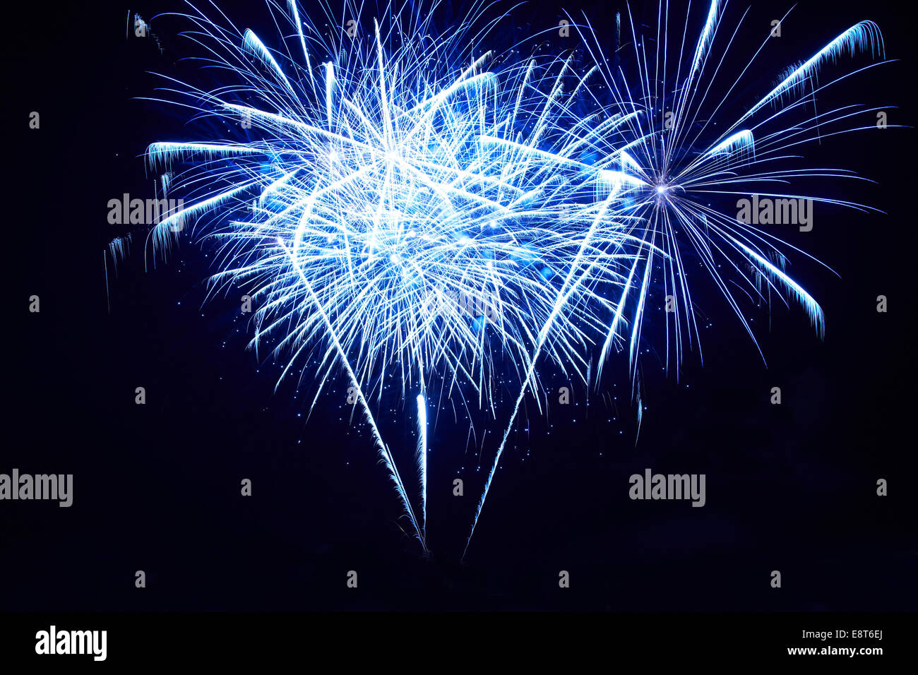 Blue colorful fireworks on the black sky background Stock Photo - Alamy