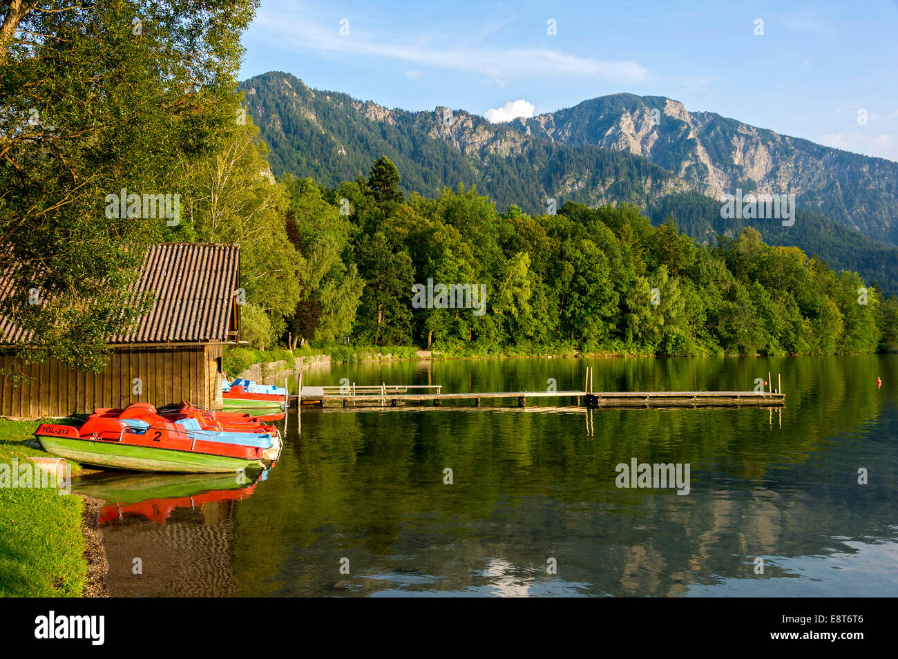 Pedal boats on the shore of Lake Kochel, Kochel am See, Upper Bavaria, Bavaria, Germany Stock ...