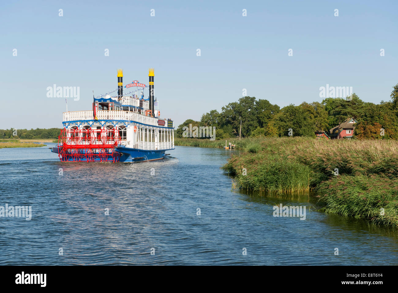 Landscape at Prerower Strom River, River Star paddle steamer, Prerow ...