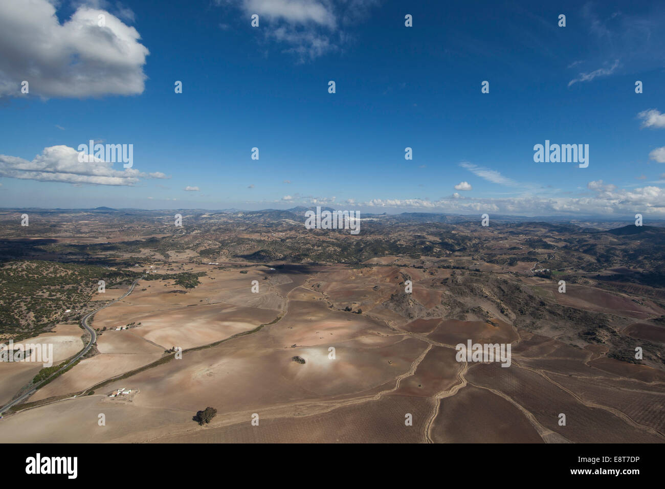 Aerial view, barren landscape in the Sierra de Cádiz, Andalusia, Spain ...