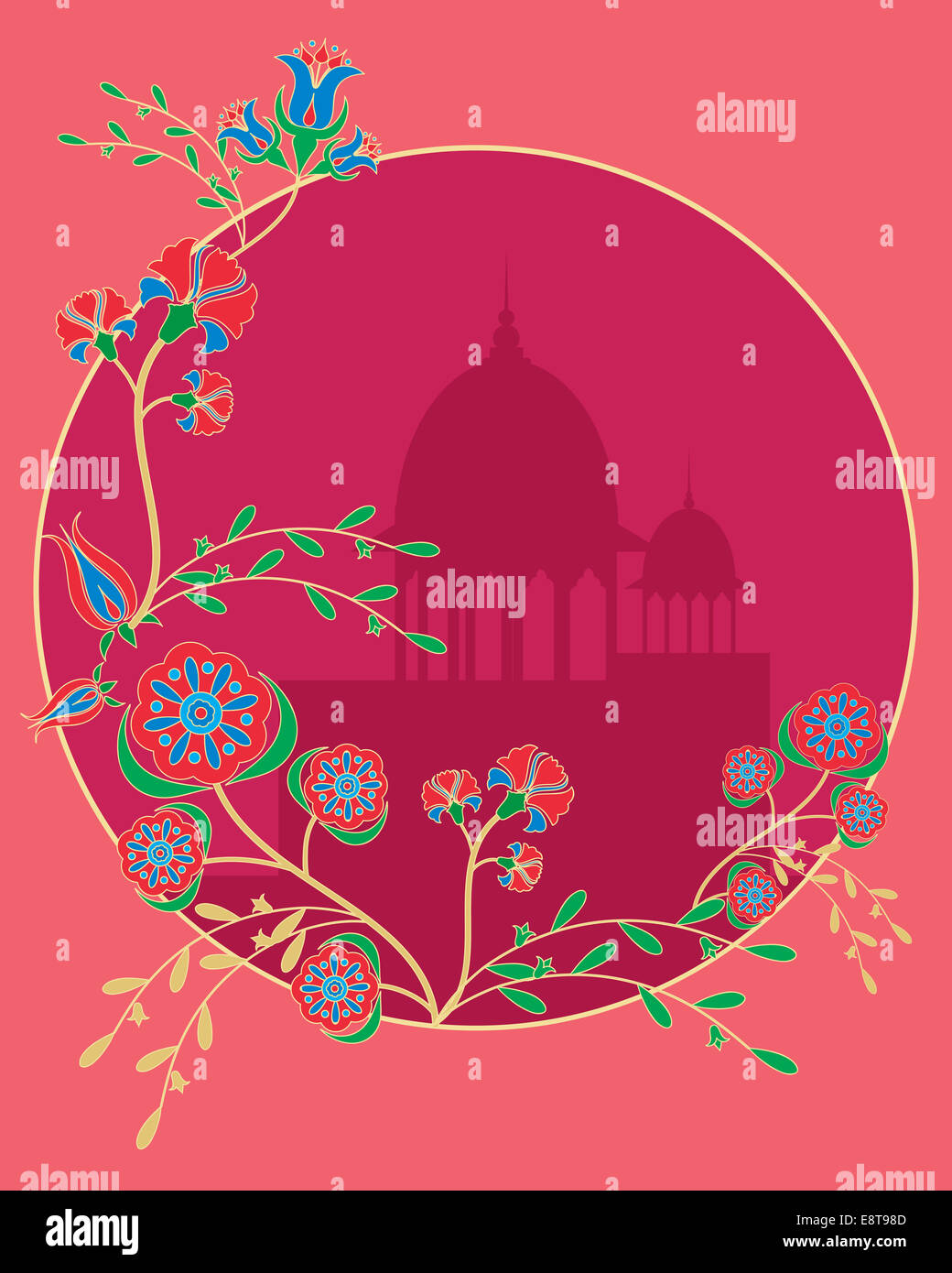 an illustration of an Indian floral design with silhouette architecture ...