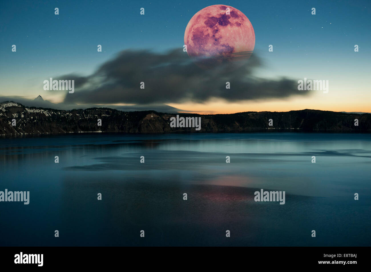 Moon over dark cloud at Crater Lake, Oregon, United States Stock Photo ...