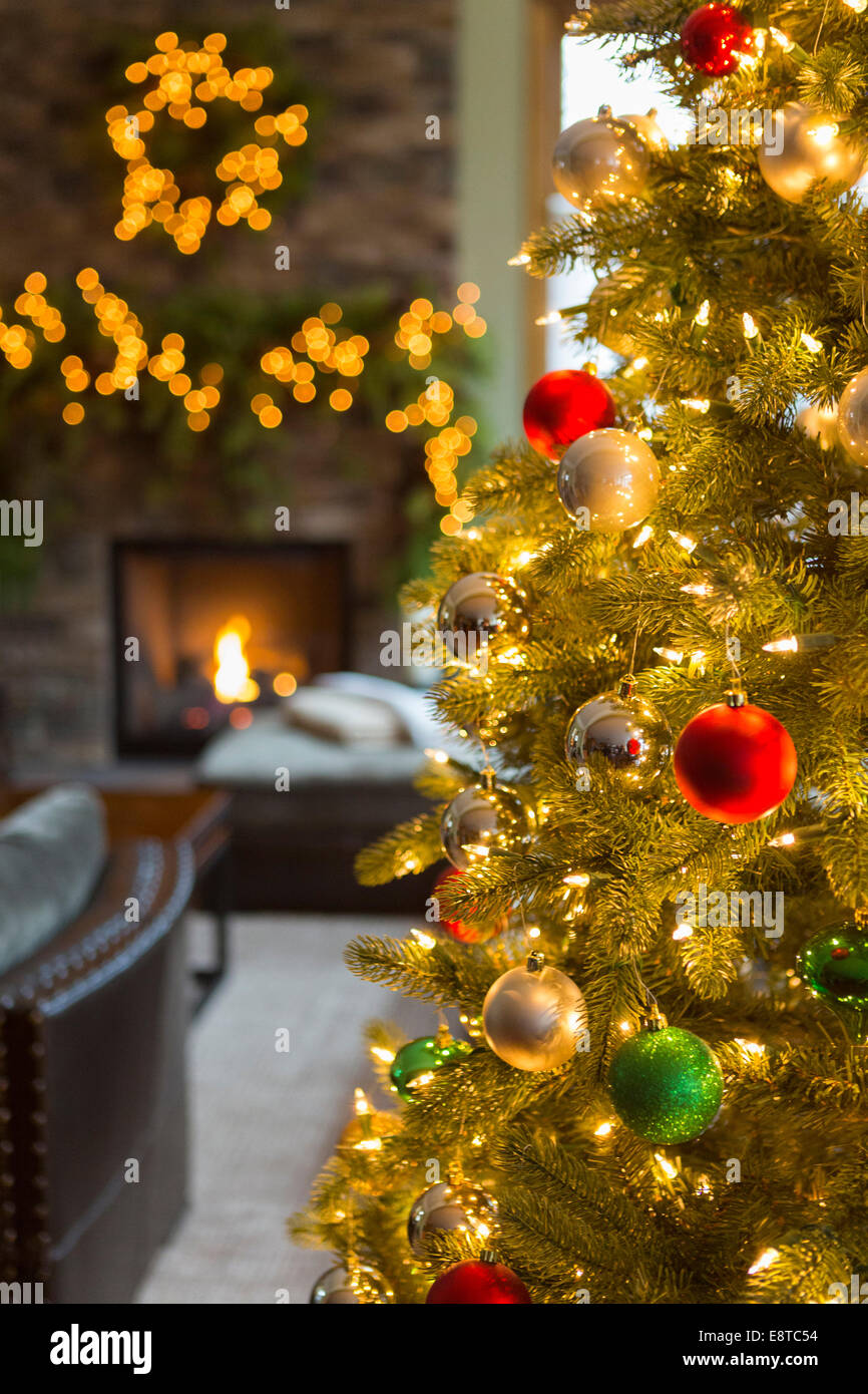 Close up of Christmas tree in living room Stock Photo - Alamy
