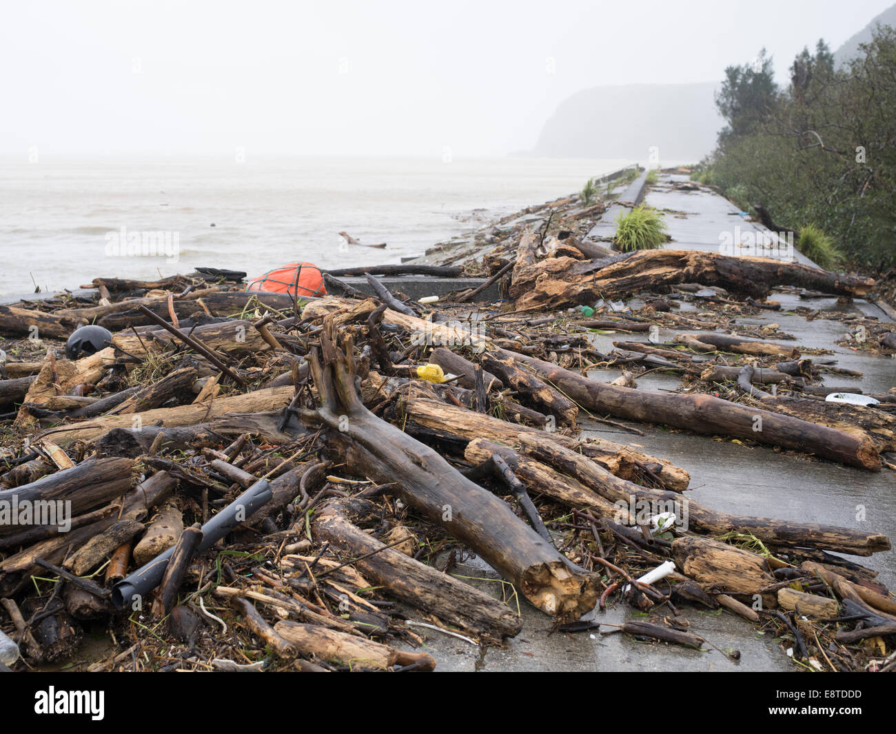 Debris on ocean side path after Typhoon Vongfong hit Okinawa, Japan ...