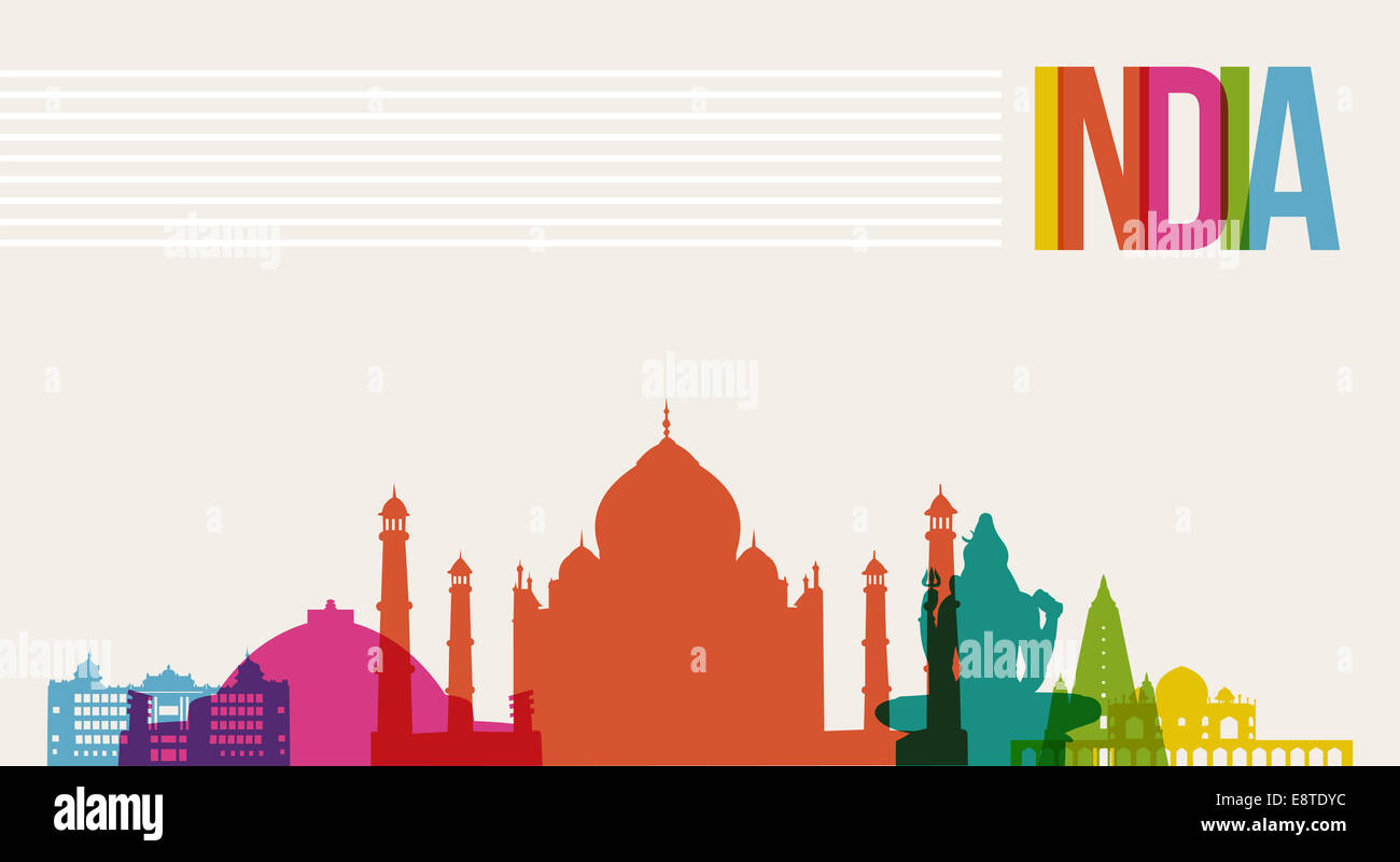 Travel India famous landmarks skyline multicolored design background ...