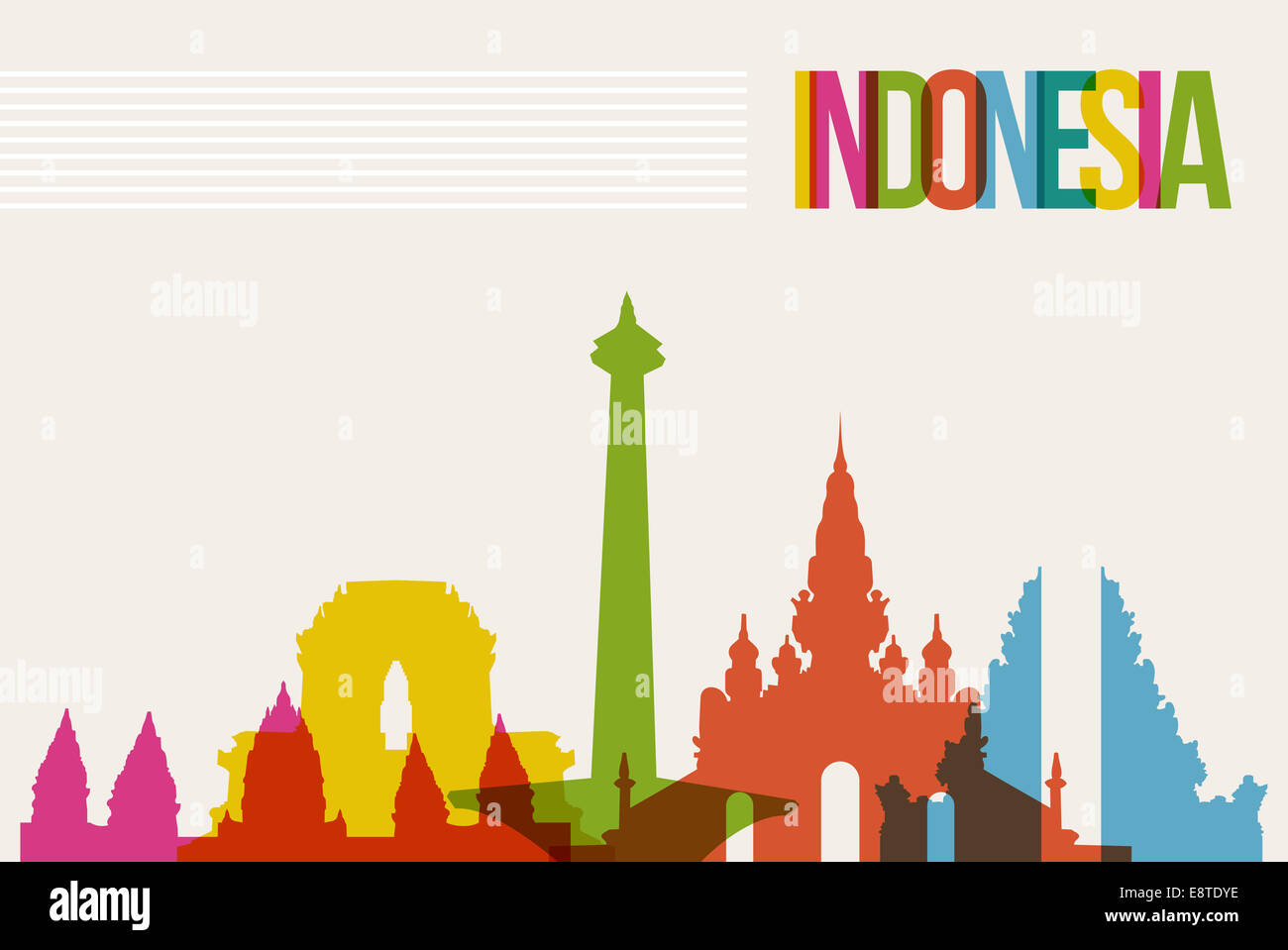 Travel Indonesia famous landmarks skyline multicolored design ...