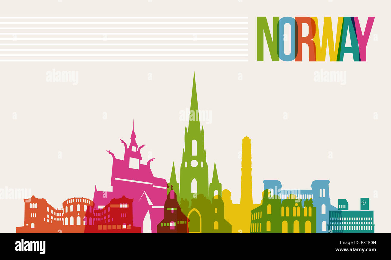 Travel Norway famous landmarks skyline multicolored design background ...