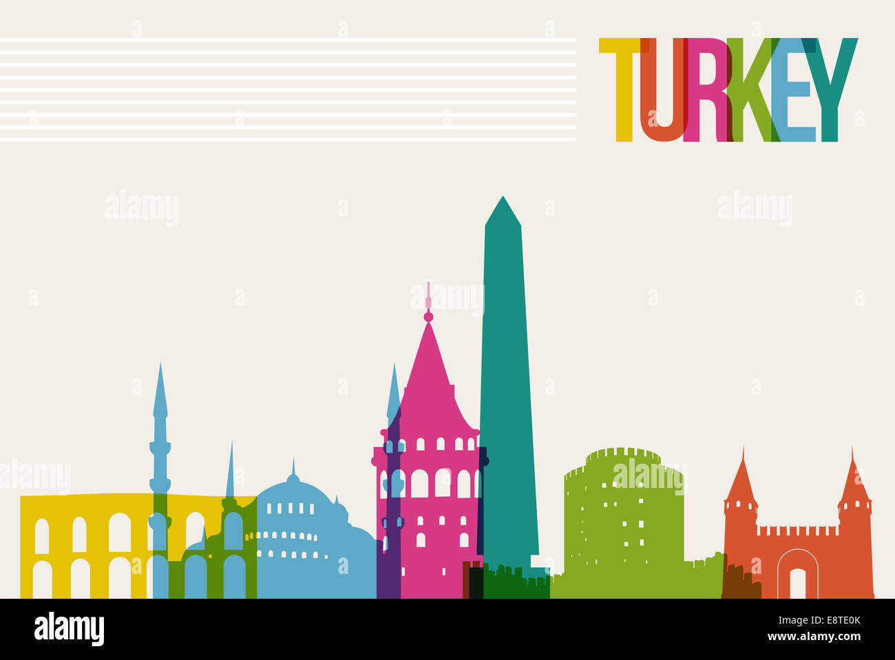 Travel Turkey famous landmarks skyline multicolored design background ...