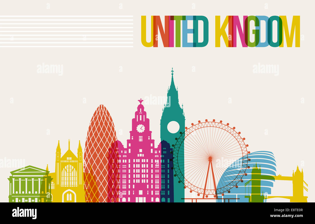 Travel United Kingdom famous landmarks skyline multicolored design ...